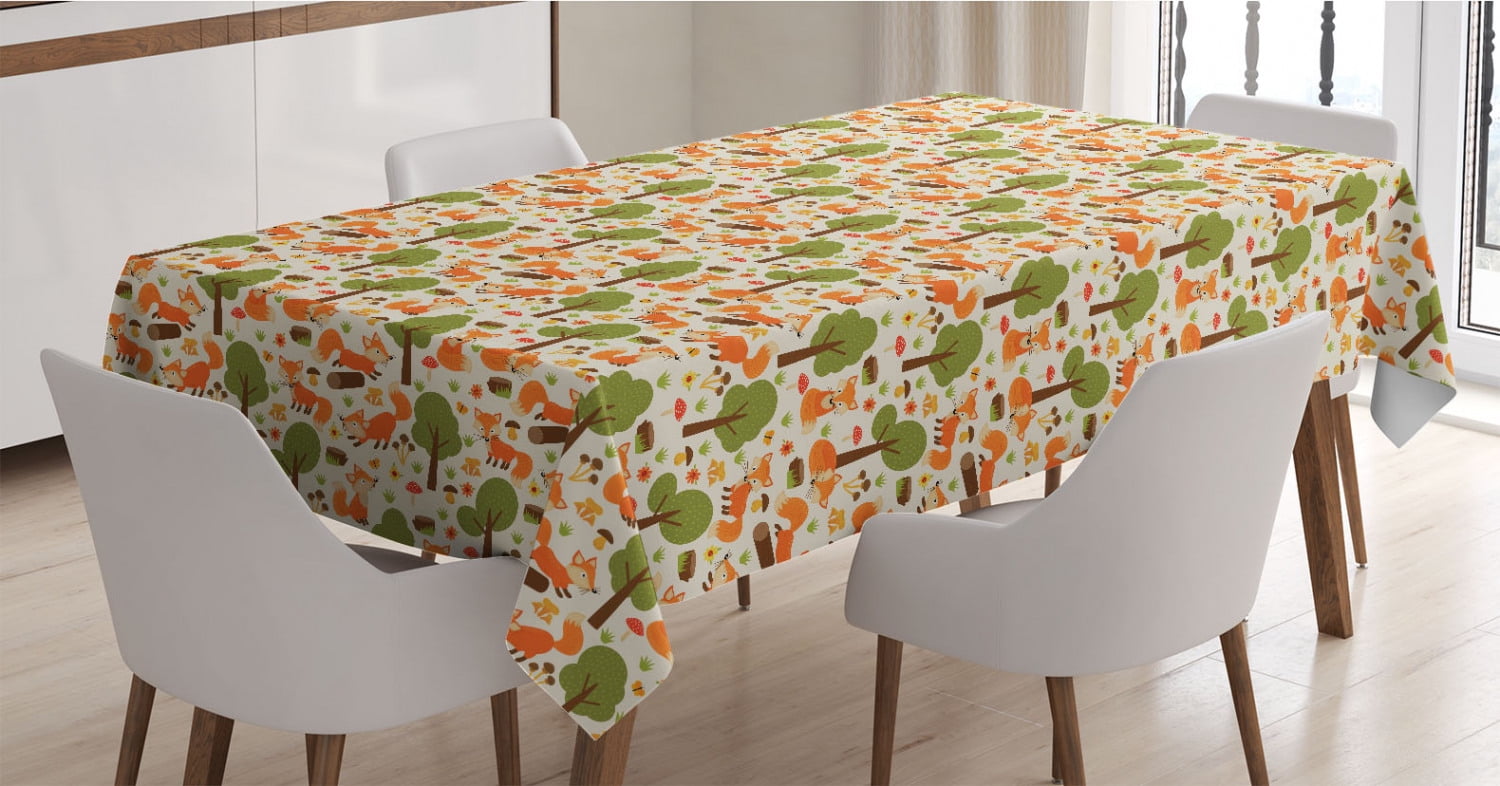 Fox Tablecloth, Wildlife Illustration with Foxes Mushrooms Flowers and ...