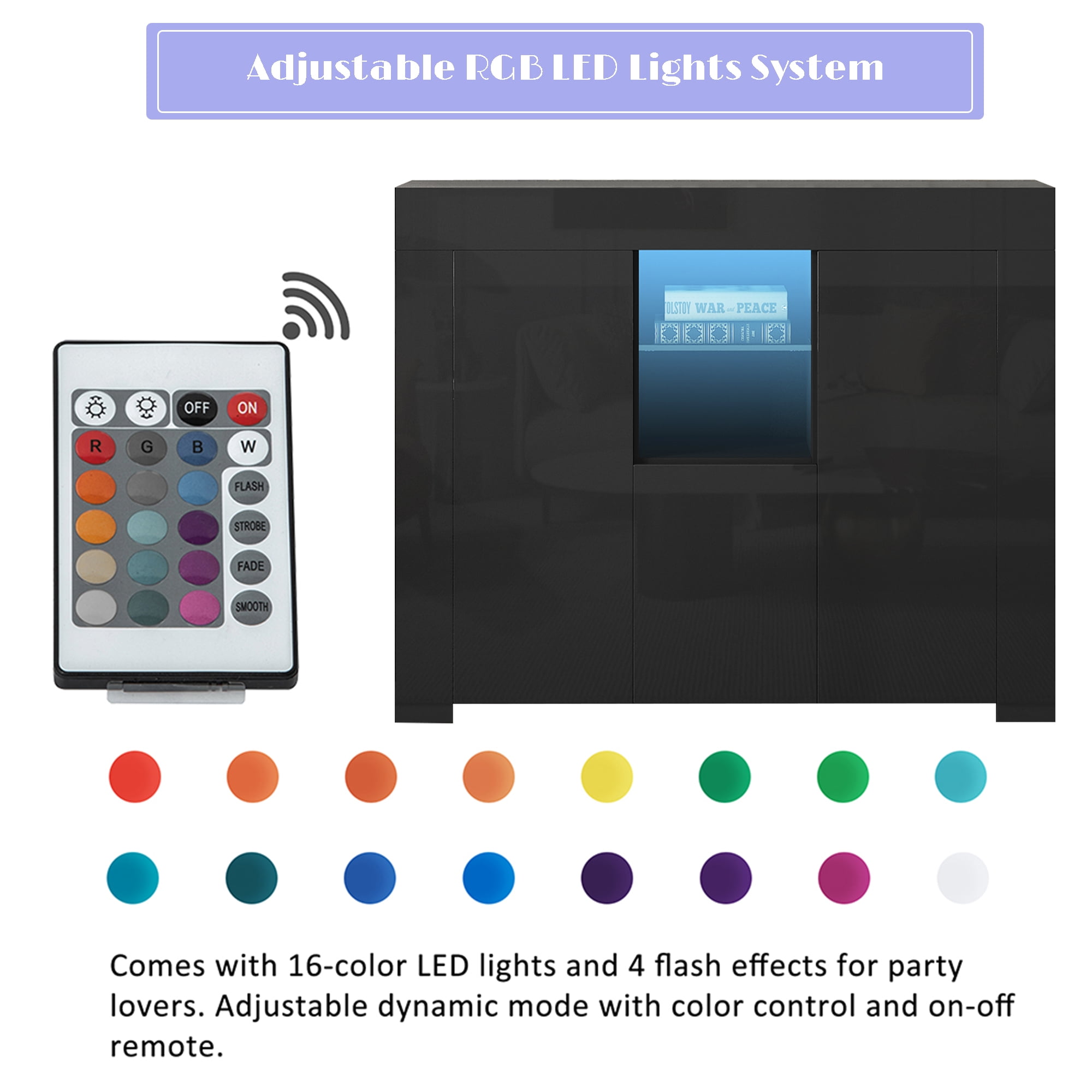 Buy BTMWAY Black Buffet Cabinet with LED Lights, Modern High Gloss ...