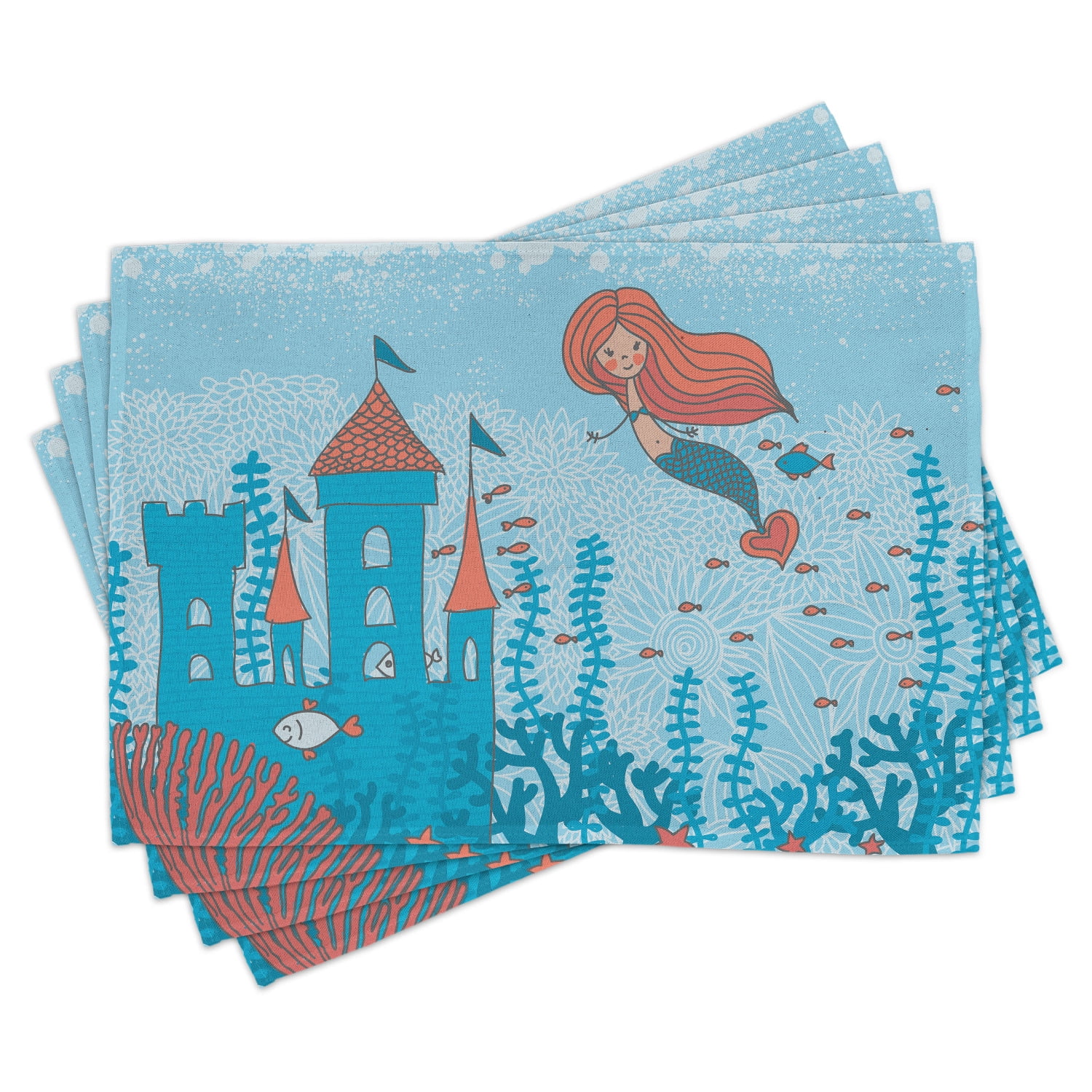 Ambesonne Mermaid Place Mats Set of 4, Cartoon Castle Corals, Standard ...