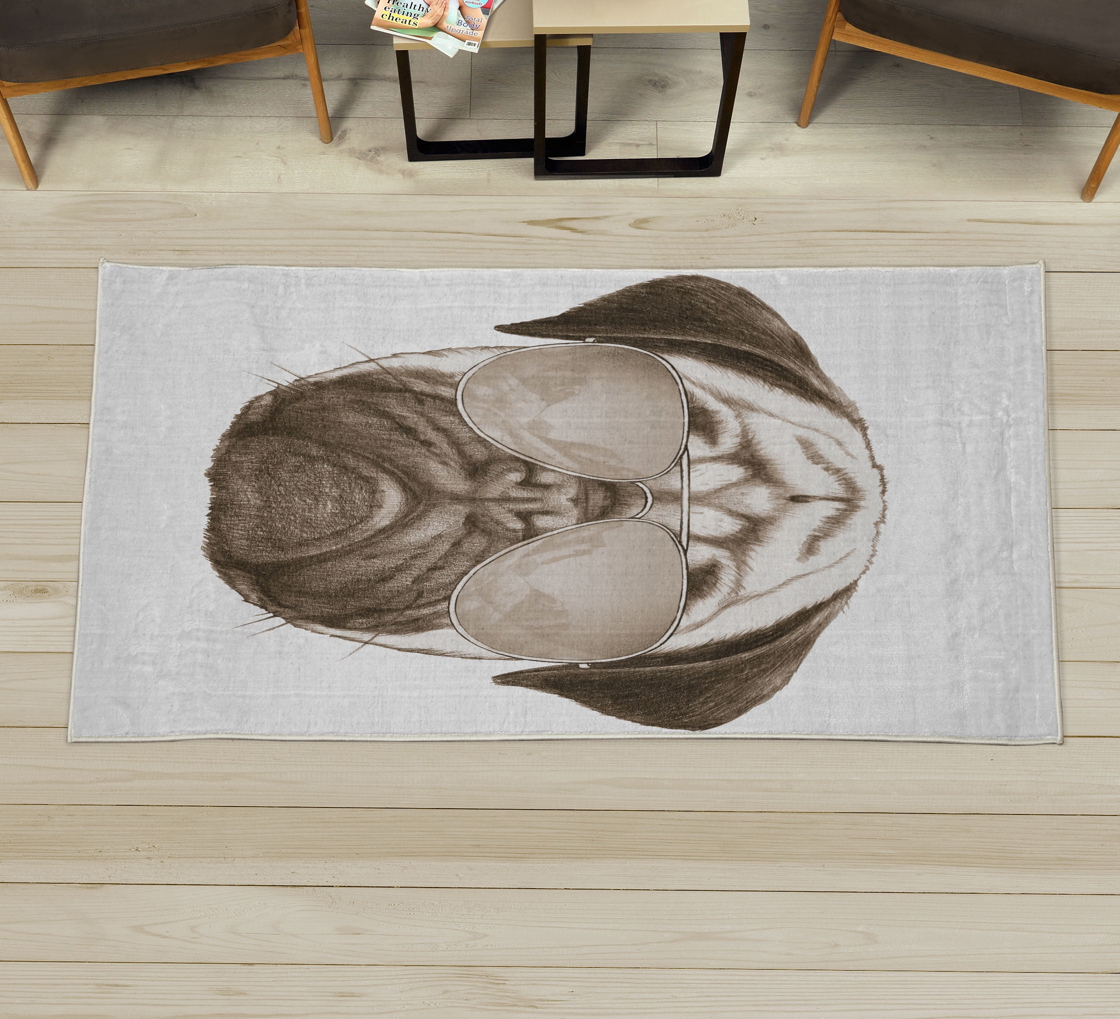 Pug Decorative Rug, Dog Portrait Mirror Sunglasses Hand Drawn ...