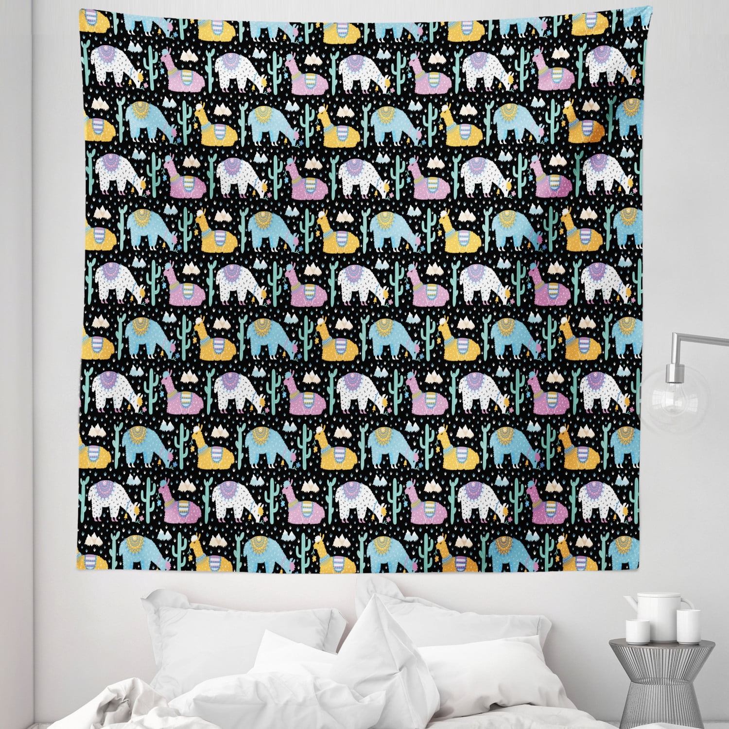 Alpaca Tapestry, Colorful Oriental Fluffy Camel Animals Cactus and ...