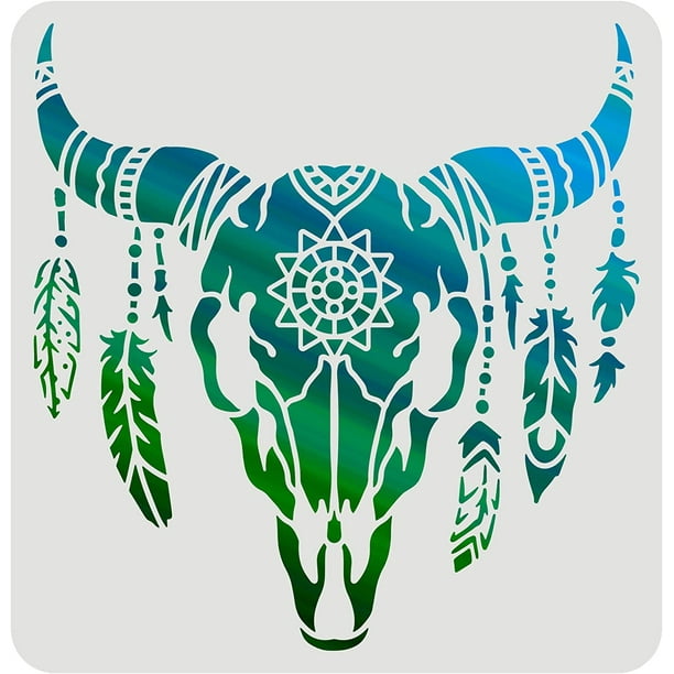 Cow Skull Stencils Template Plastic Feathered Bull Head Drawing ...