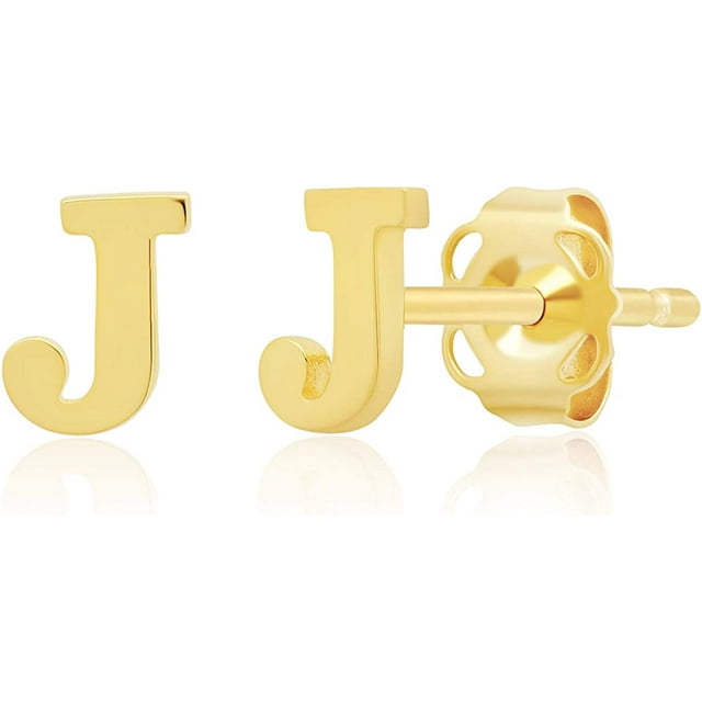 14k Yellow Gold Small Script Initial Letter Stud Earrings for Women ...