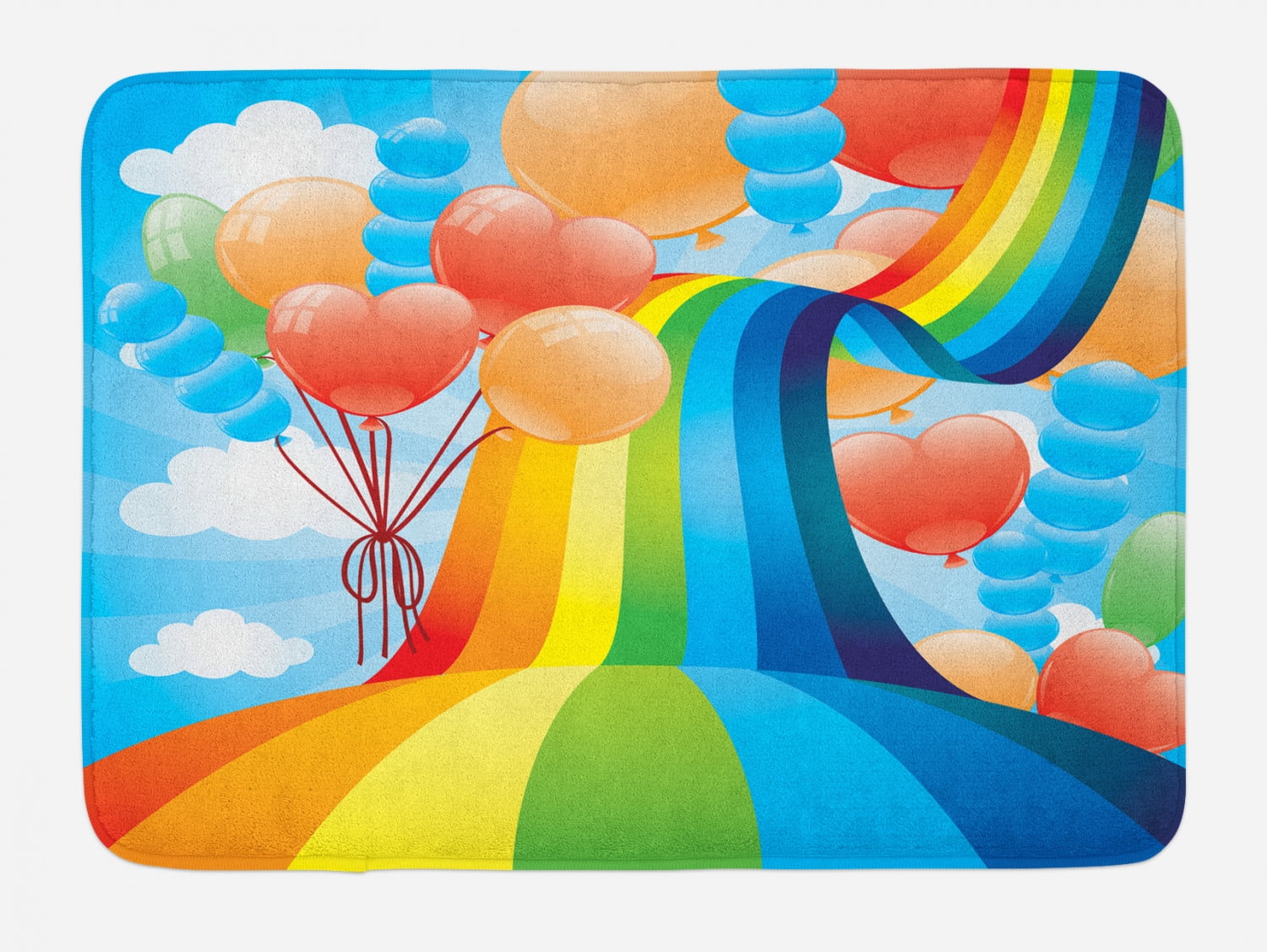 Cartoon Bath Mat, Rainbow Sky with Balloons Hearts Colors Romantic Love ...