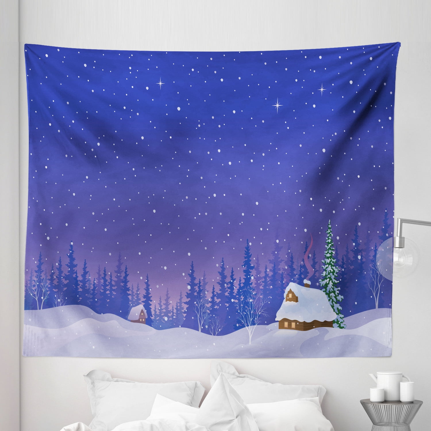 Log Cabin Tapestry, Winter Cartoon Illustration of Wooden Houses in a ...