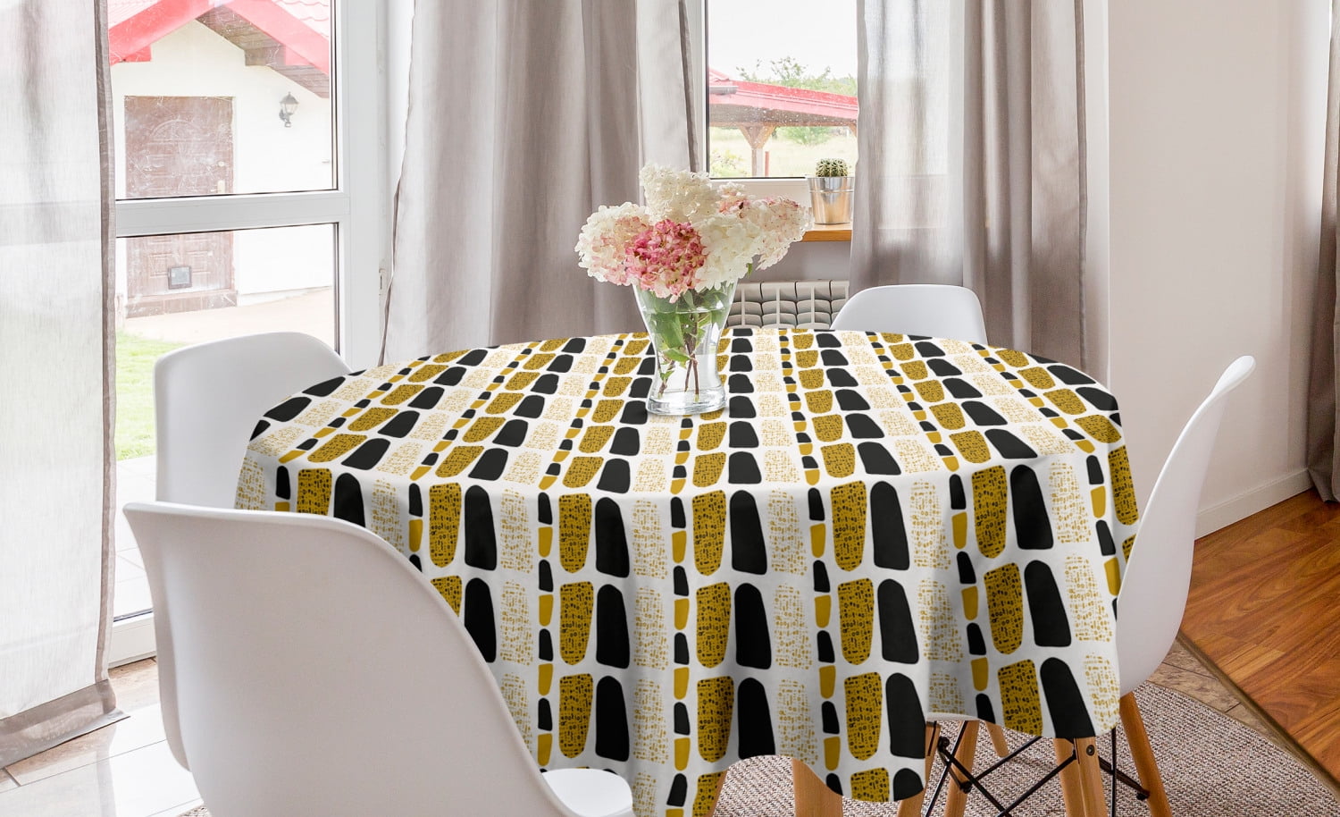 Abstract Round Tablecloth, Tricolor Vertical Stone Like Motifs Rhythmic ...