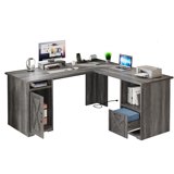 Dextrus 59" L-Shaped Desk with Power Outlet, USB Ports, File Cabinets ...