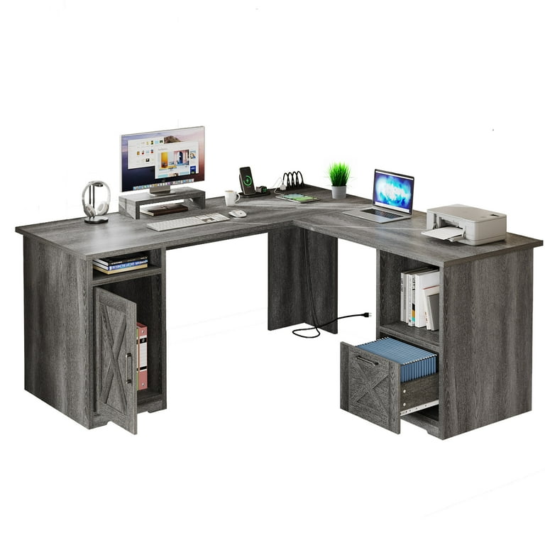Dextrus 59 inch L Shaped Desk with Power Outlet USB Ports Office Desk with File Cabinets Large Computer Desk with Drawers 2 Person Corner Desk