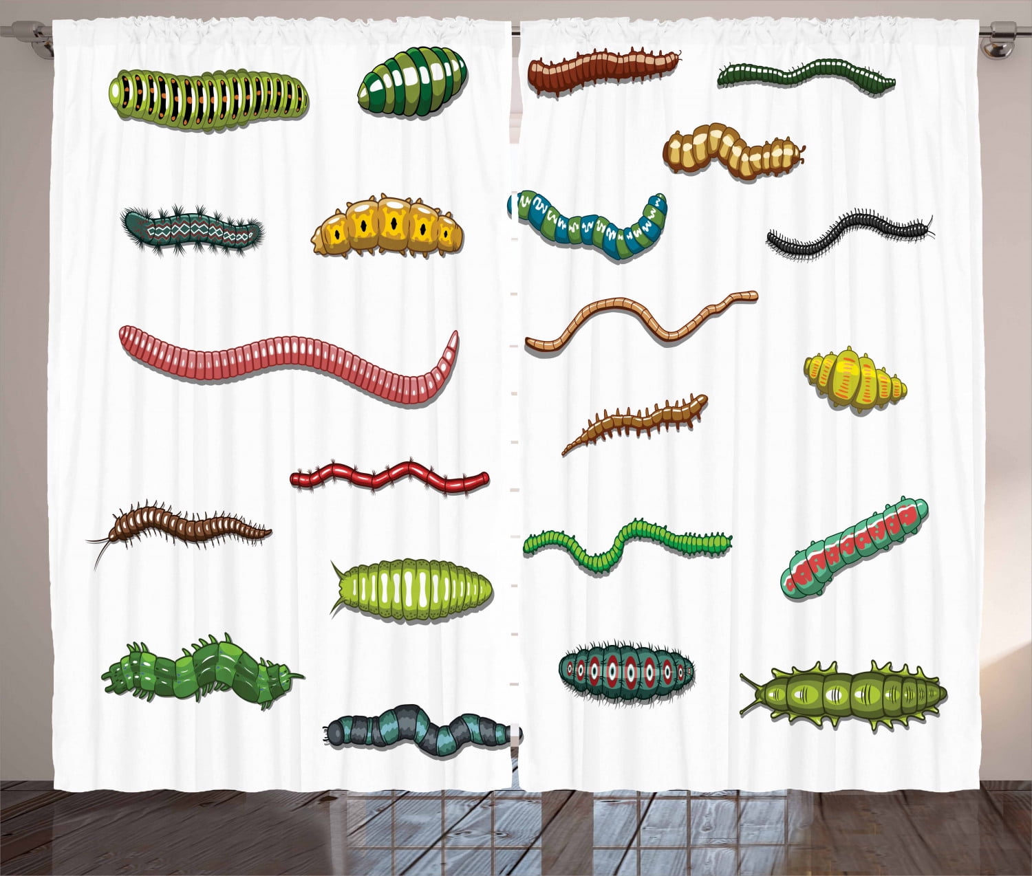 Animals Curtains 2 Panels Set, Cartoon Style Caterpillars and Worms ...
