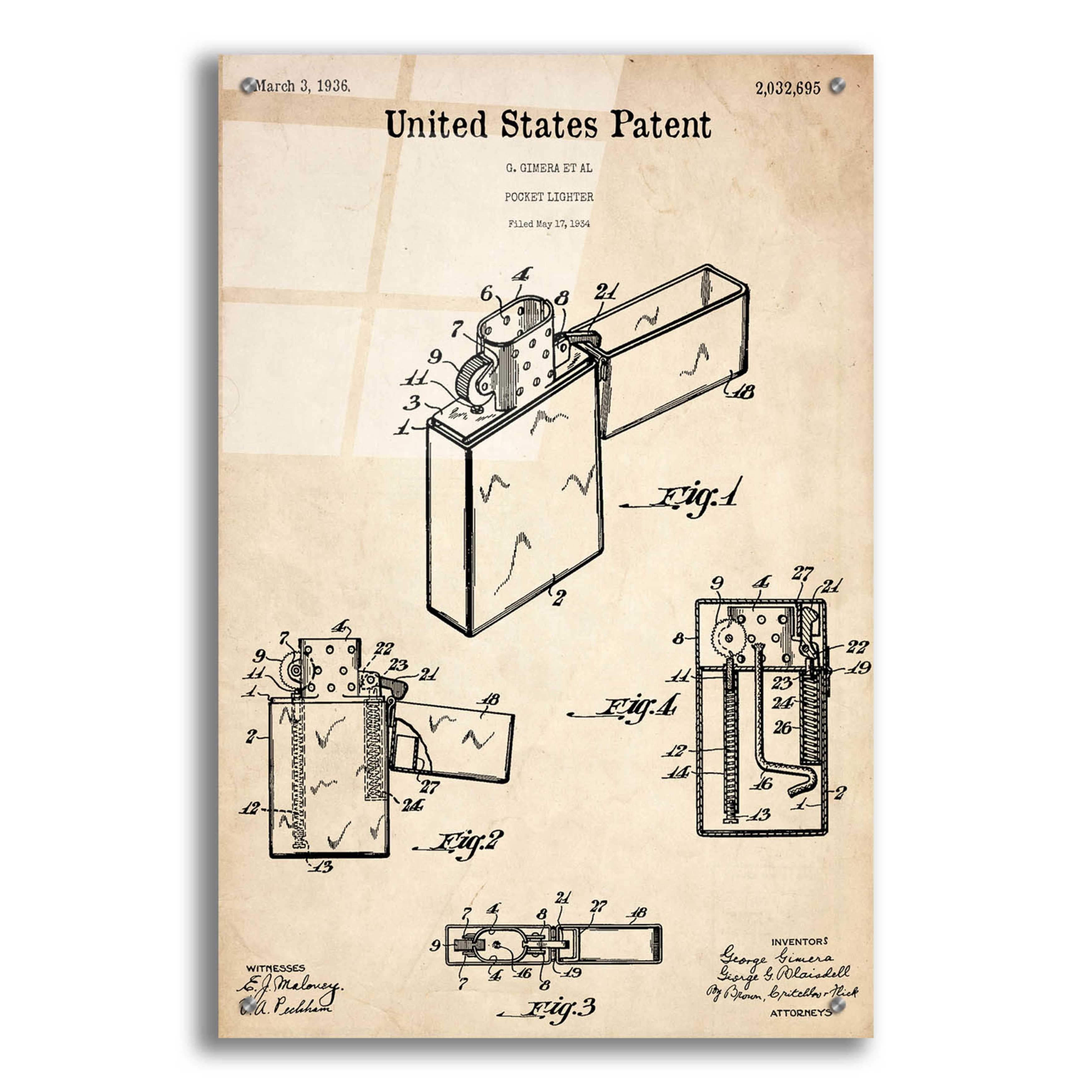 Epic Art 'Pocket Lighter Blueprint Patent Parchment,' Acrylic Glass ...