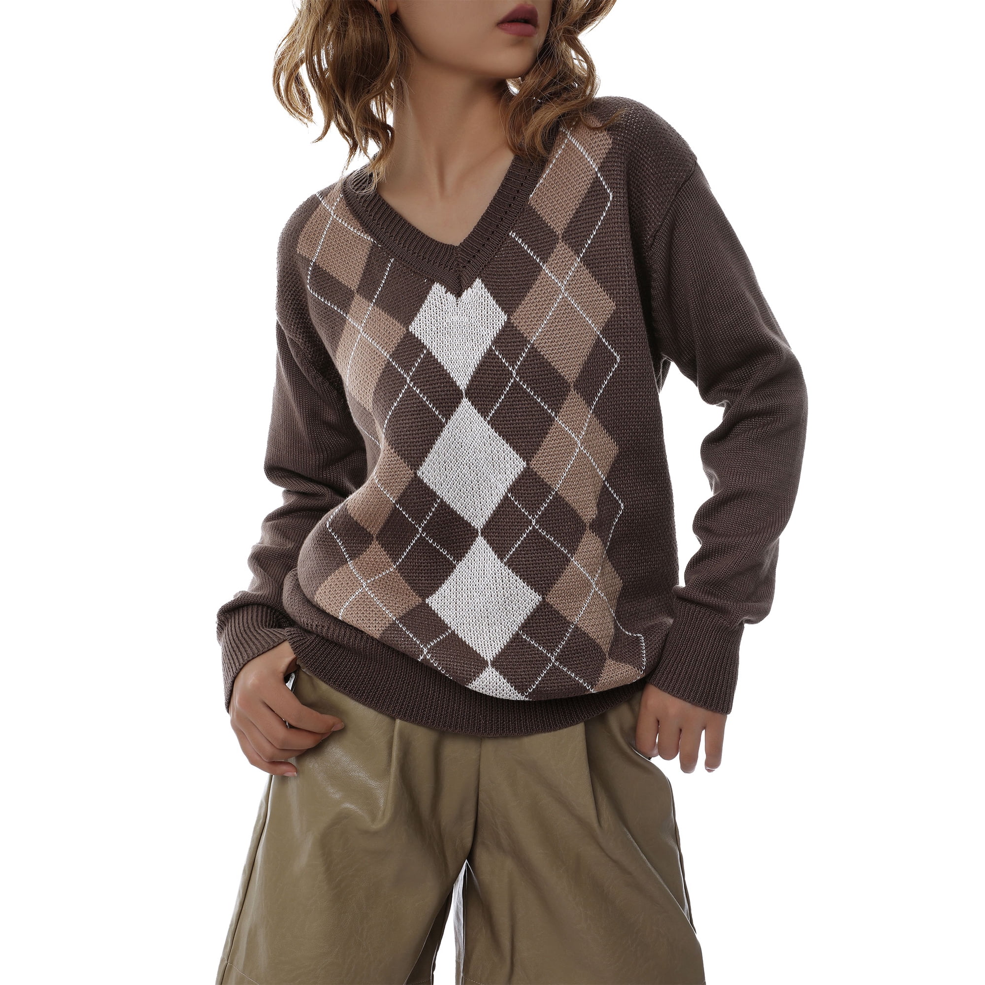 Click here for Gupgi Women Argyle Plaid Sweaters Long Sleeve V Ne... prices