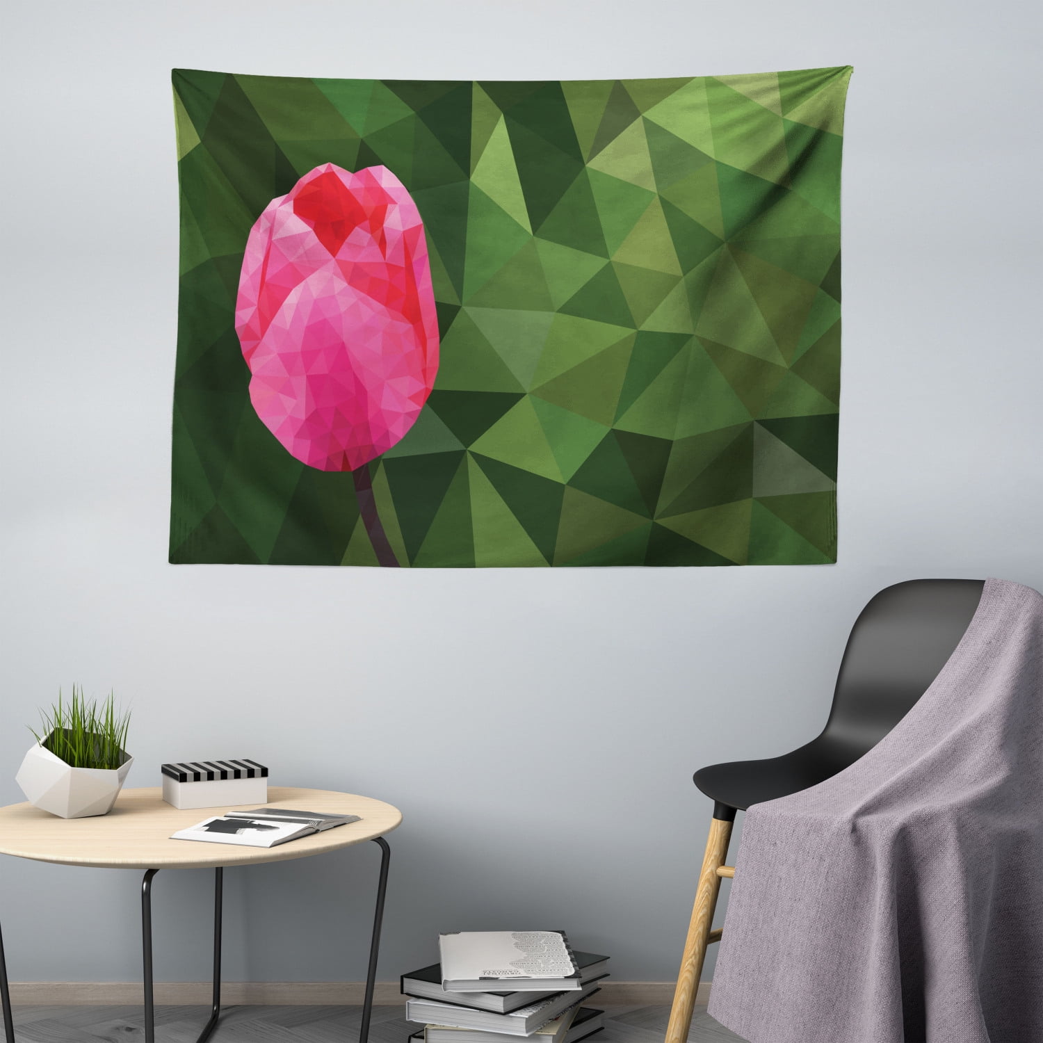 Polygons Tapestry, Pinkish Tulip Flower Petal on Mosaic Triangles Background Print, Fabric Wall ...