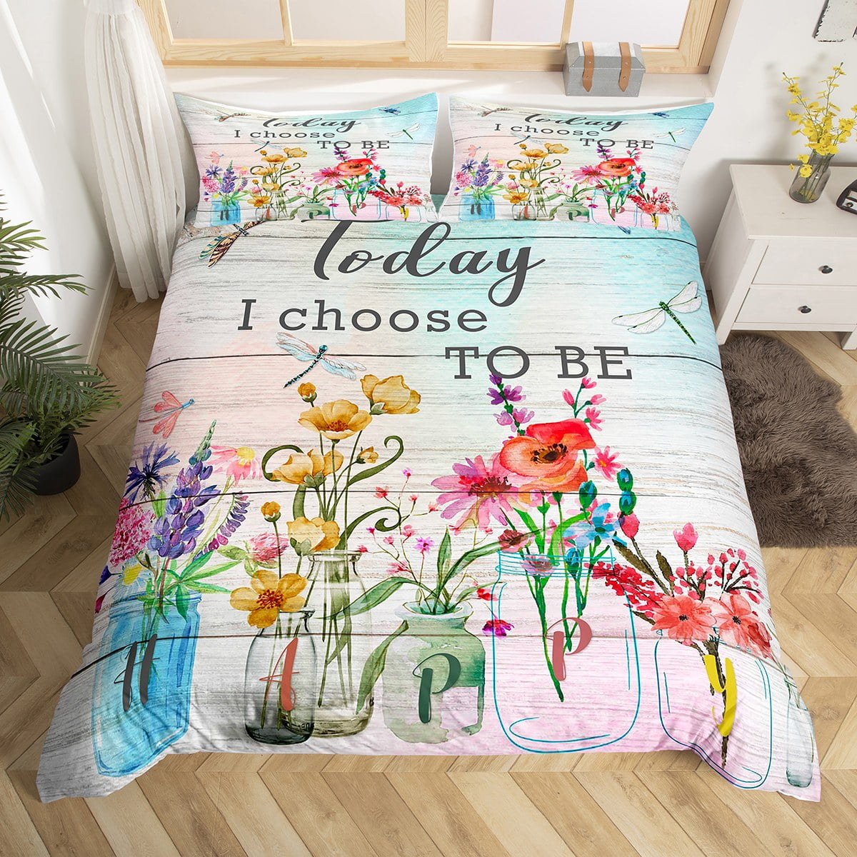 Dragonflies Duvet Cover Watercolor Flowers Bedding Set Dragonfly Decor ...