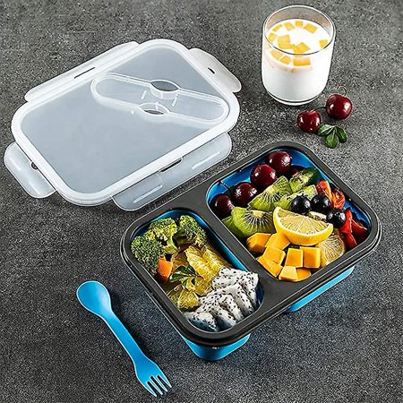 Wabjtam Collapsible Stacking Silicone Lunch Boxes With Spoon & Fork, 1100ml/2-compartment ...