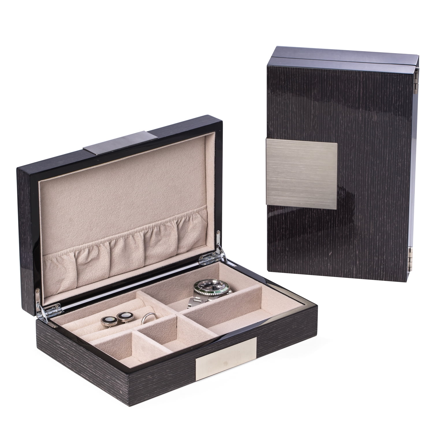 Lacquered "Steel Gray" Wood Valet Box with Stainless Steel Accents and ...