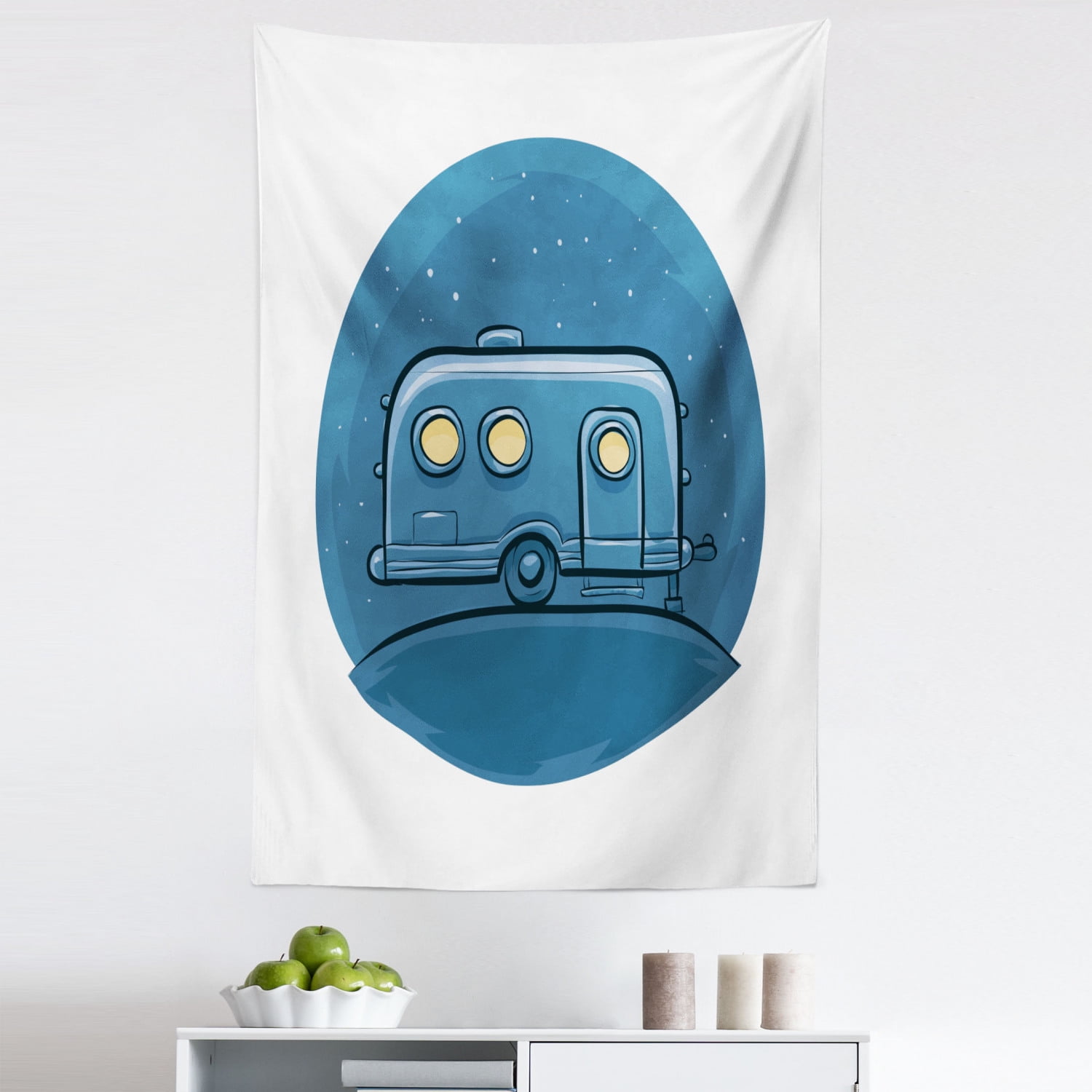 RV Tapestry, Cartoon Trailer at Night Tranquil Starry Sky Background ...