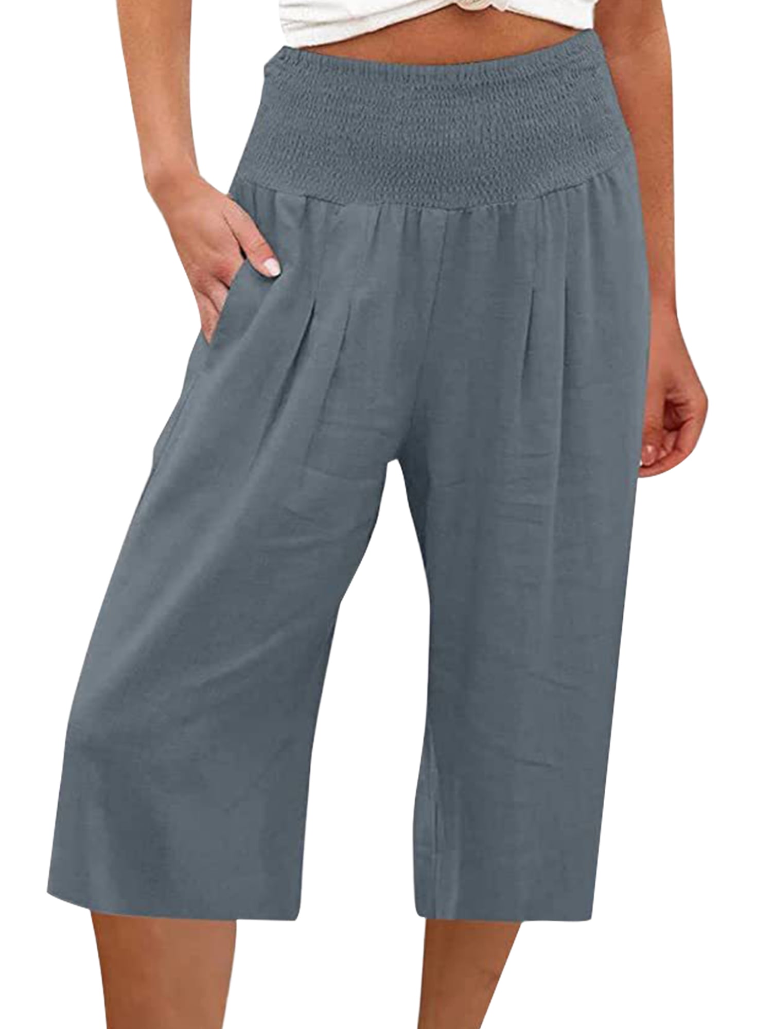 Frontwalk Women's Elastic Waistband Loose Capri Pants, Wide Leg Palazzo ...