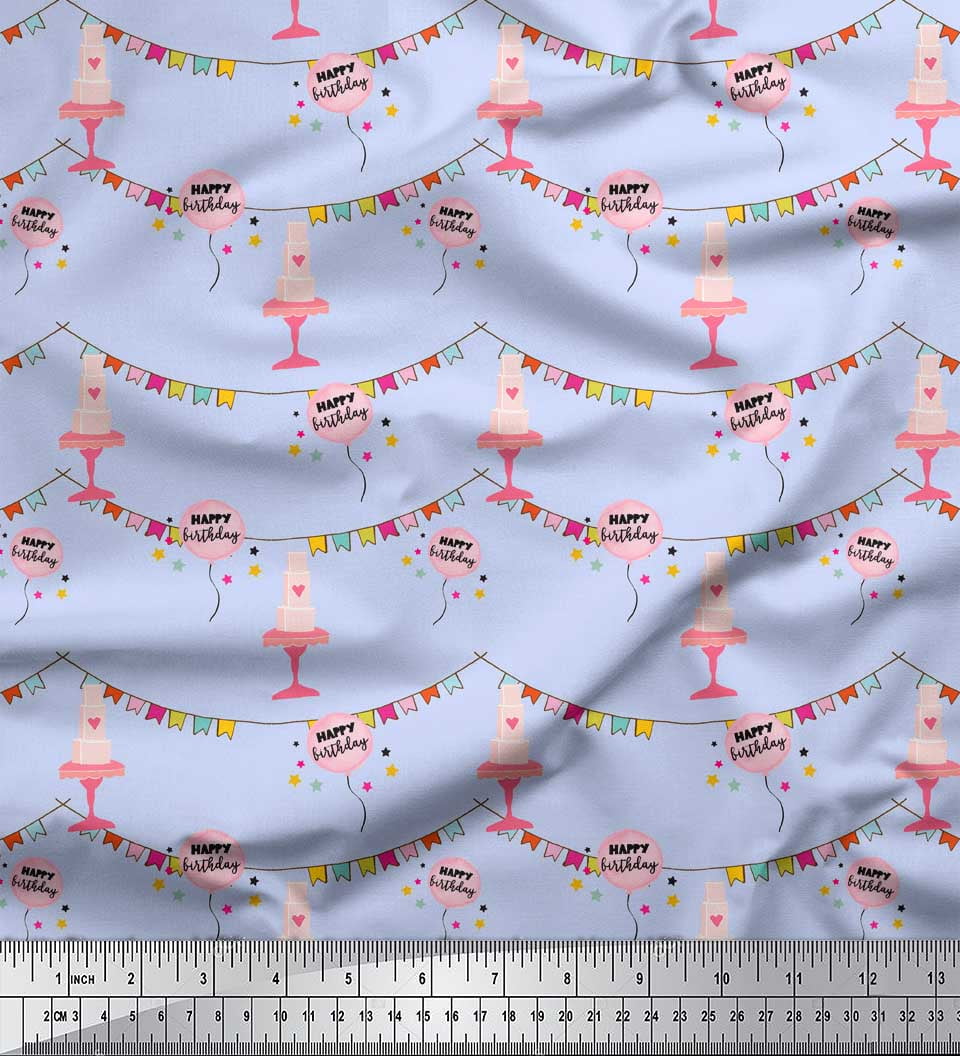 Soimoi Blue polyester Crepe Fabric Birthday Theme Party Fabric Prints ...