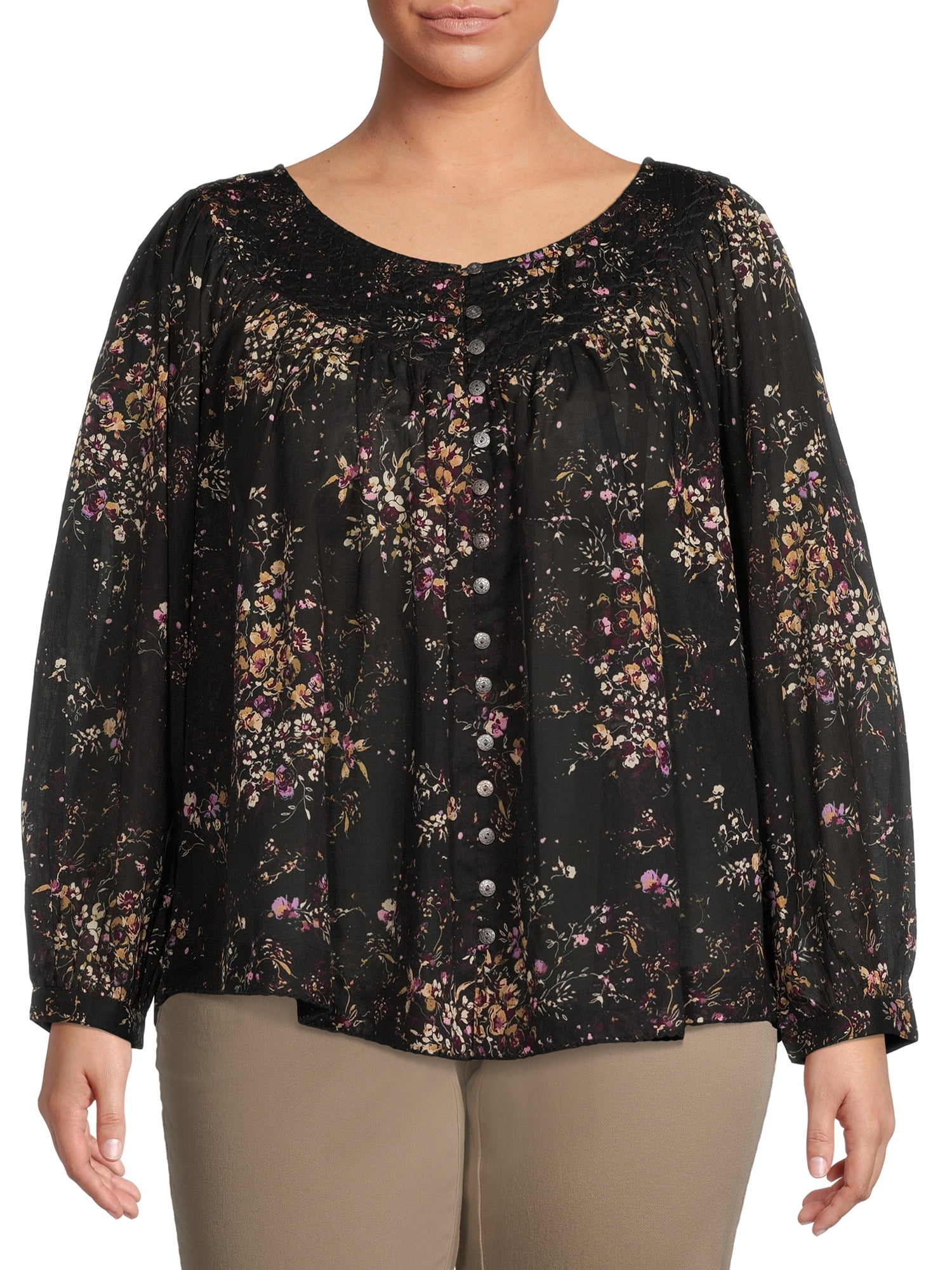 Terra & Sky Women's Plus Size Flowy Button Down Top with Long Sleeves ...