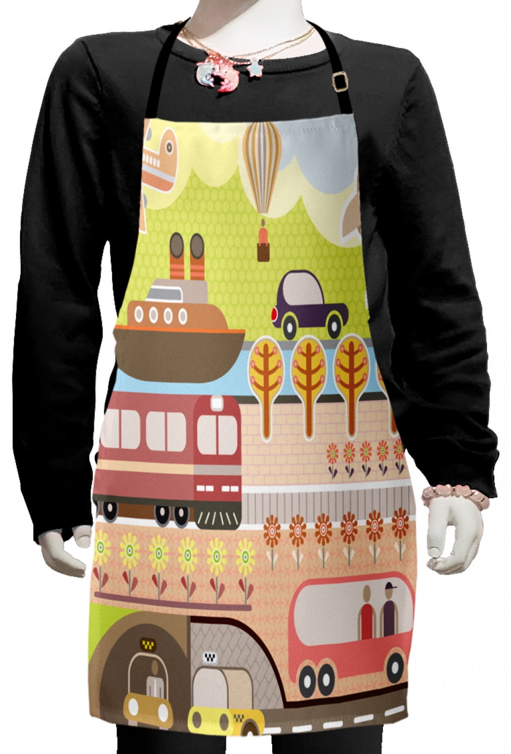 Cartoon Kids Apron, Summer Landscape with Train Ship Airplane and Bus ...