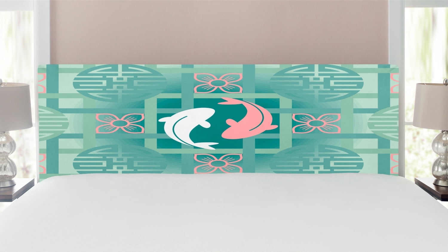 Japanese Headboard, Dolphin Couple on Geometrical Featured Round and ...