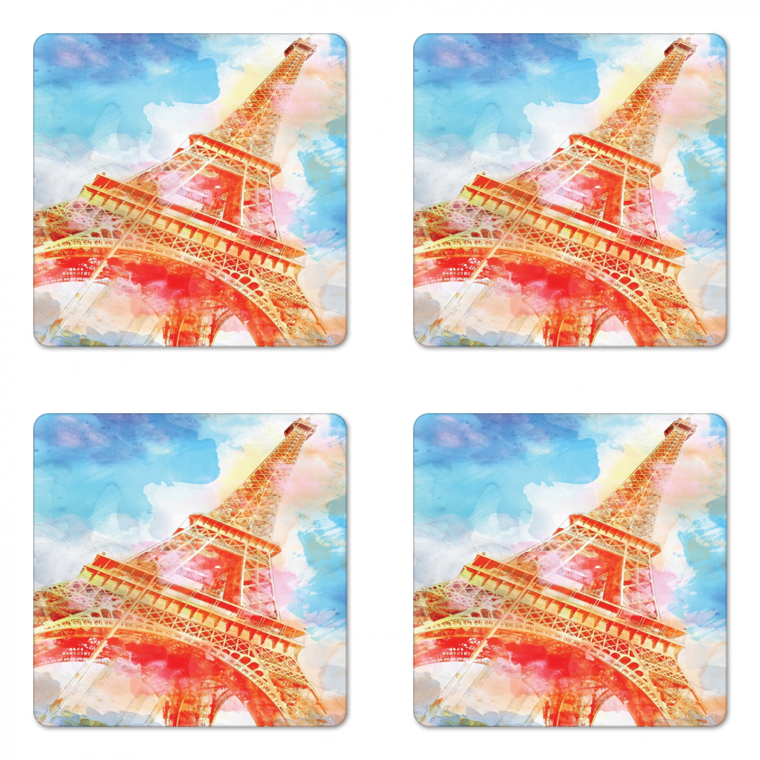 Eiffel Tower Coaster Set of 4, Watercolor Painted Linework Eiffel Tower ...