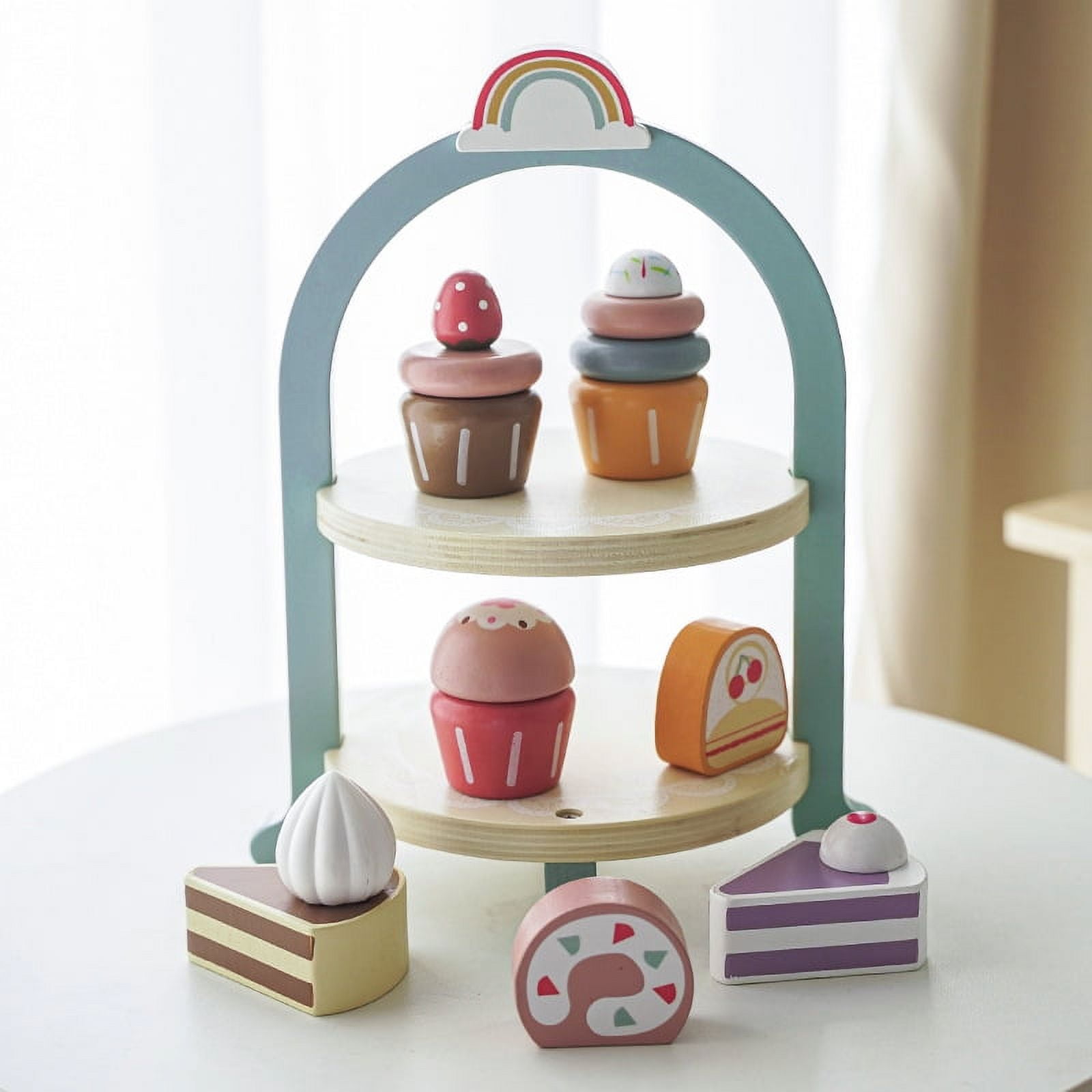 Unbranded Royal Tea Time Wooden Toy Set: Double-Layer Dessert Stand For Kids 4-6  Interactive Pretend Play Kitchen Toy With Simulated Cakes  Enhances