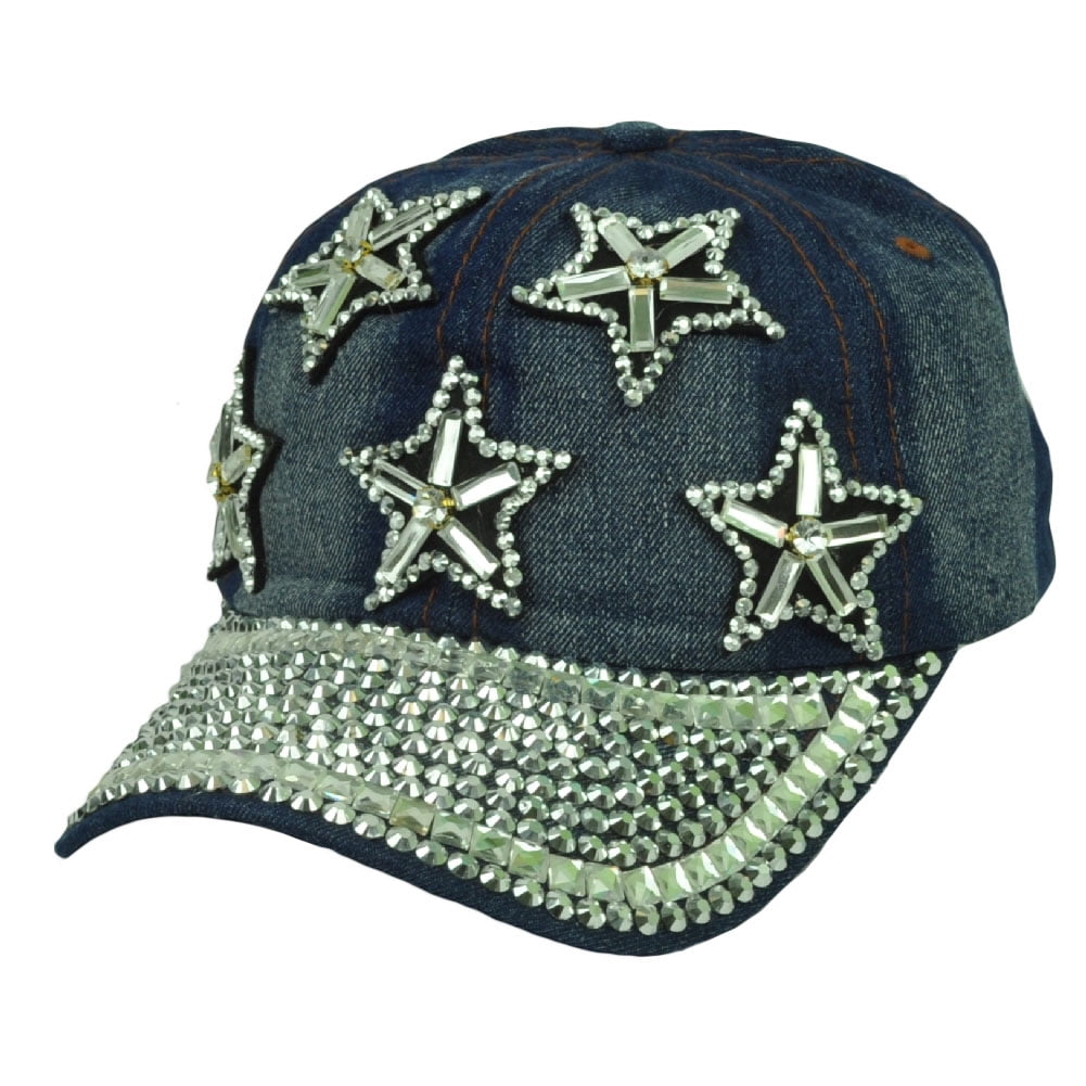 Denim Jeans Blue Rhinestones Gems Stars Womens Vintage Sun Buckle Hat ...