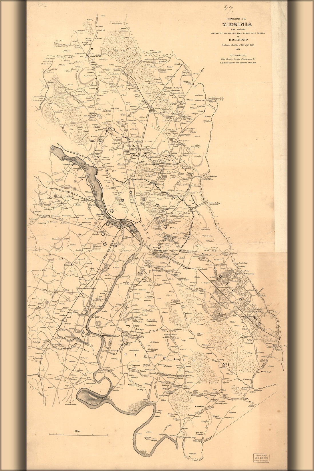 24"x36" Gallery Poster, map Henrico County Virginia Richmond defense ...