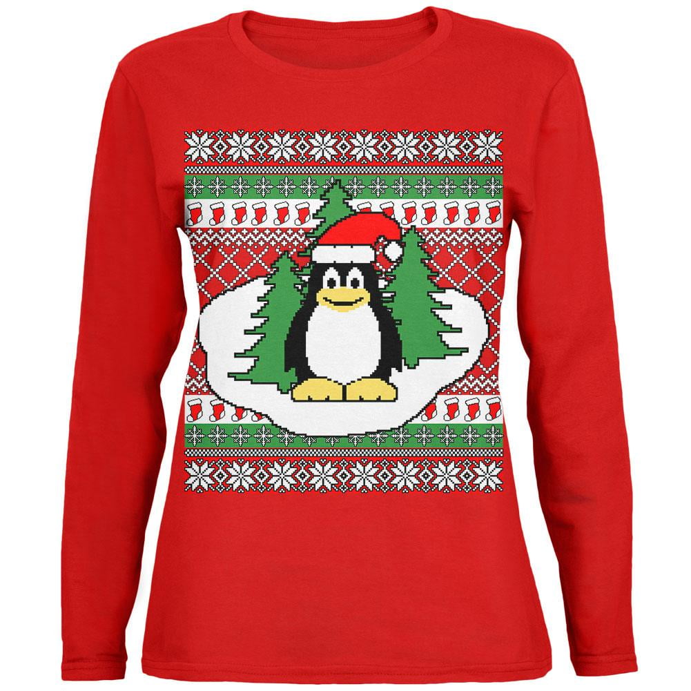 Penguin On Ice Ugly Christmas Sweater Womens Long Sleeve T Shirt