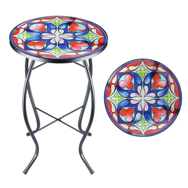 Mosaic Butterfly Outdoor Side Table, 14 in Round Glass Top Balcony ...