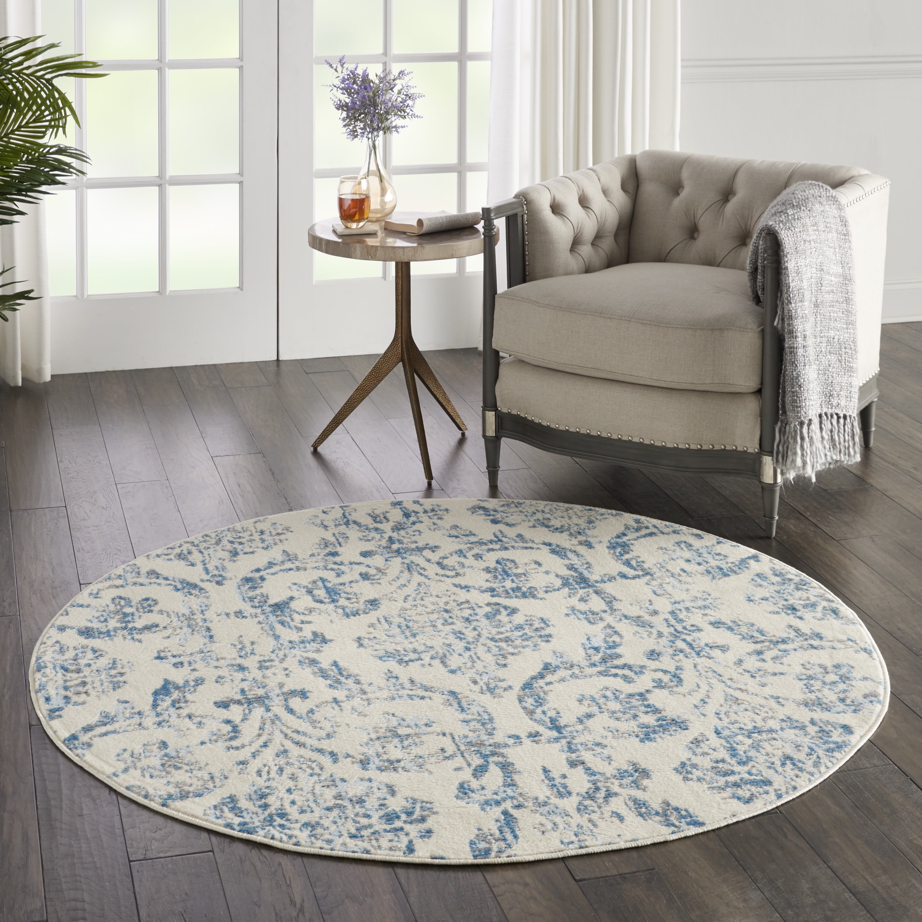 Nourison Bliss Vintage Farmhouse Ivory/Blue 5'3" x Round Area Rug, (5 ...