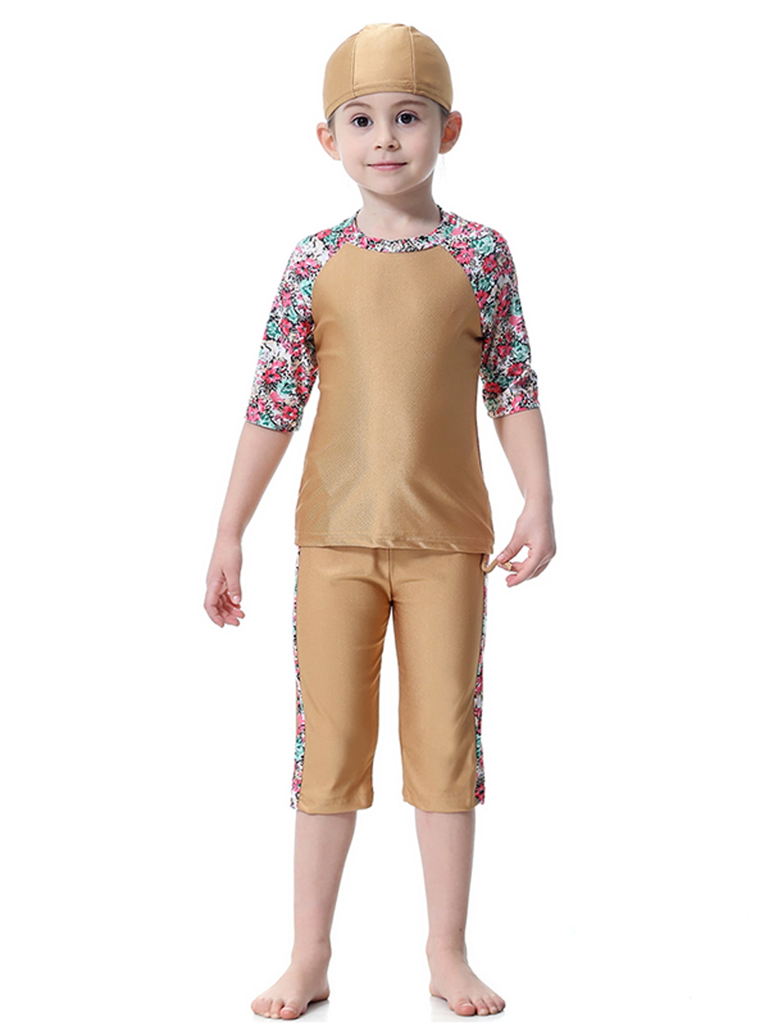 Girl's 3Pcs Muslim Bathing Suits Shorts + Floral Half Sleeve Tops ...