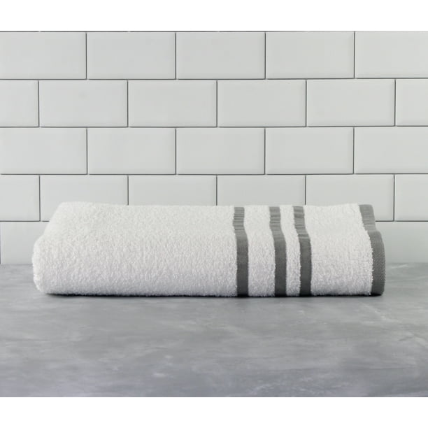 Mainstays Basic Bath Collection - Single Bath Towel, White with Grey ...
