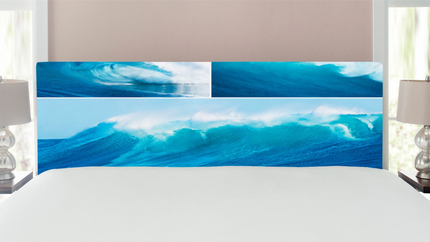 Surf Headboard, Collage of Giant Sea Wave Photos Refreshing Diving and ...