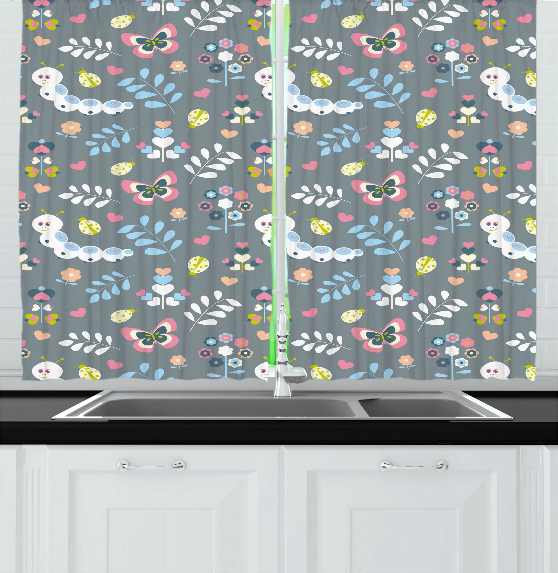 Cartoon Kitchen Curtains, Earth Worms Ladybugs Birds Flowers Pastel ...
