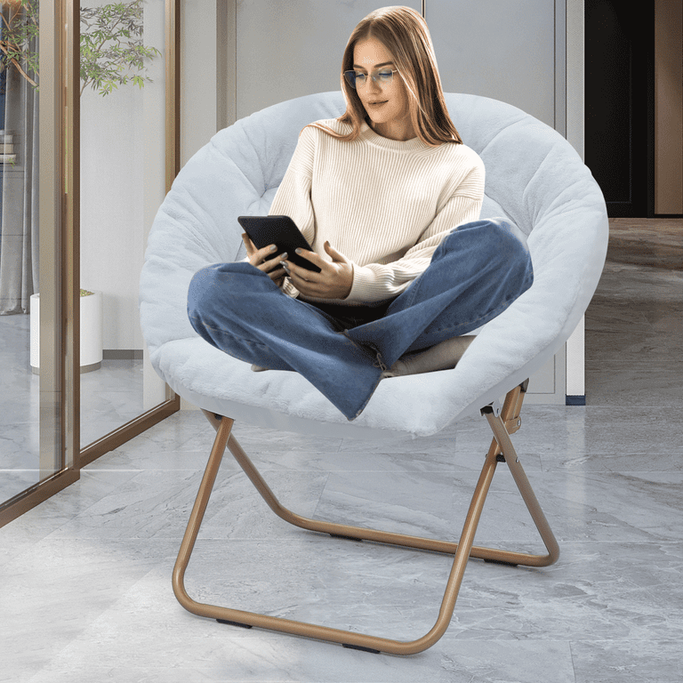Magshion 2 Piece Folding Saucer Chair with Faux Fur Upholstery Lounge Cozy Chair Moon Chair with Gold Metal Frame for Dorm Bedroom Living Room Blue