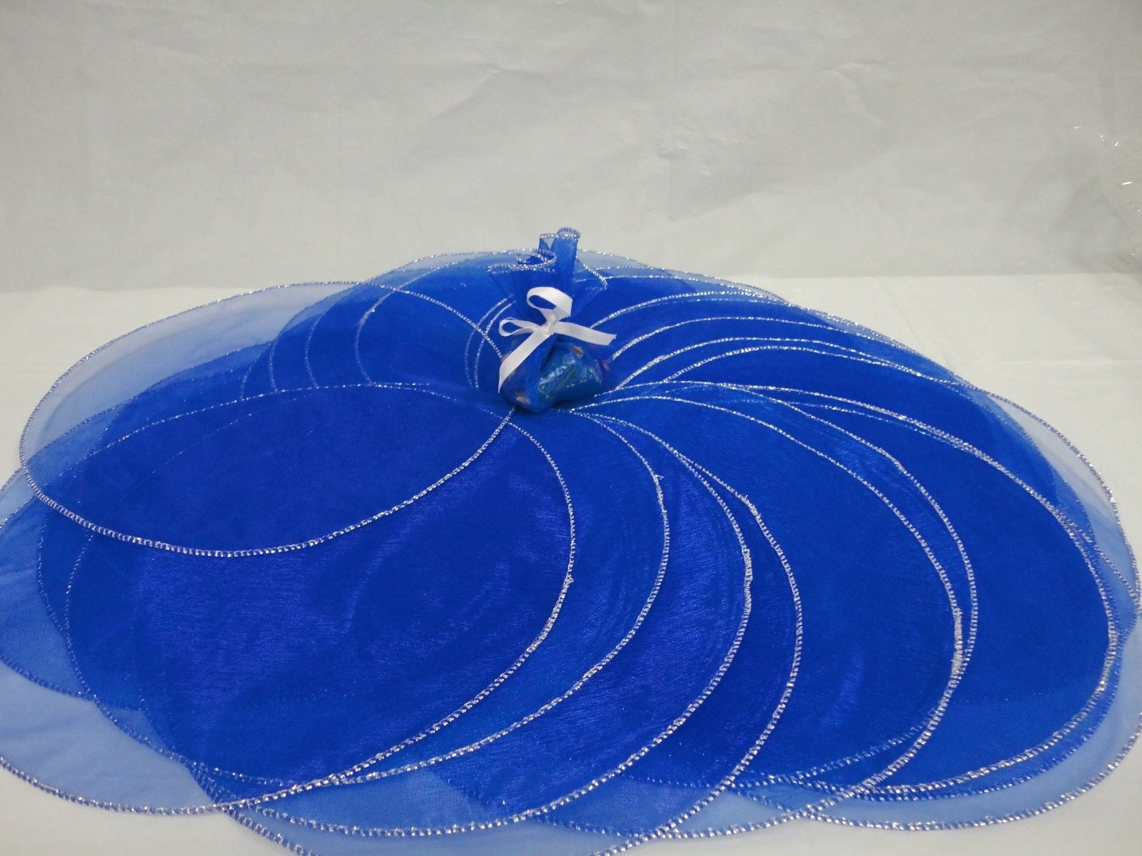 CHARMED 100 PIECES 9" ORGANZA CIRCLE TULLE. ROAYL BLUE WITH SILVER ...