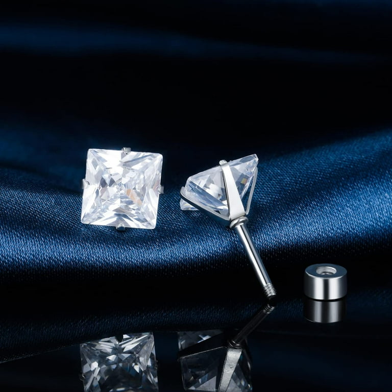 Titanium Screw Back Surgical Stainless Steel Square Princess Cut CZ Earrings Flat Back Packs Platinum Plated Hypoallergenic for Women Men Sensitive