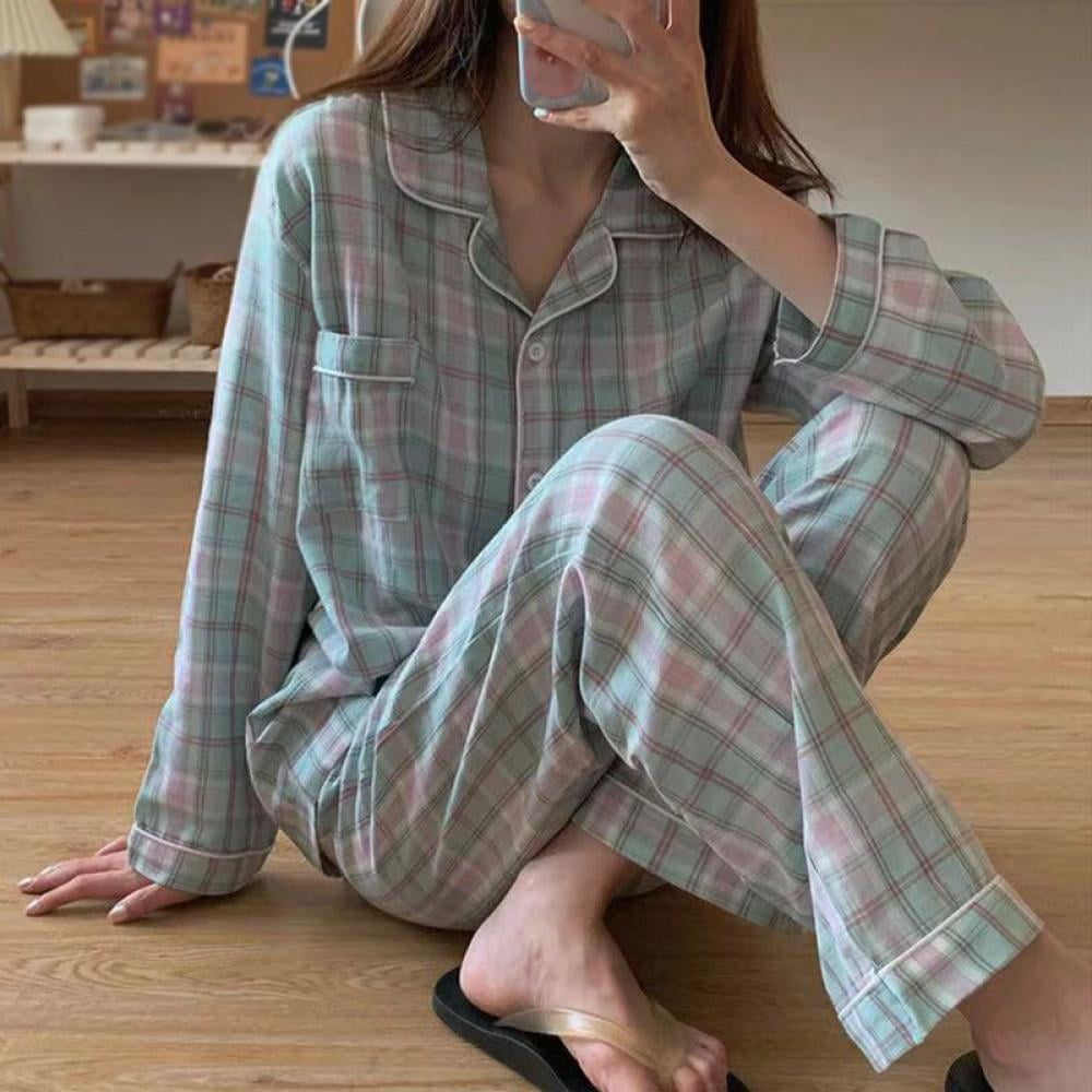 Long Sleeve Pajama Set for Women Button Down Lapel Sleepwear Tops Pants ...