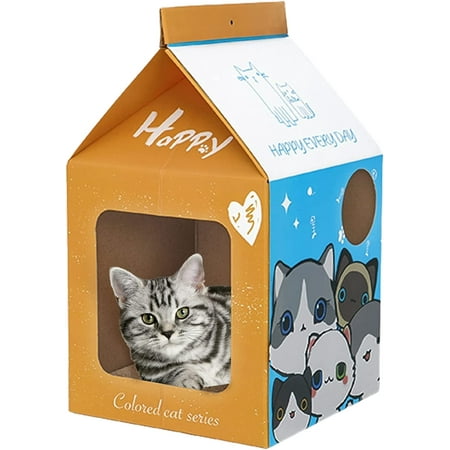 Cardboard Cat House with Scratcher, Foldable Milk Box Playhouse ...