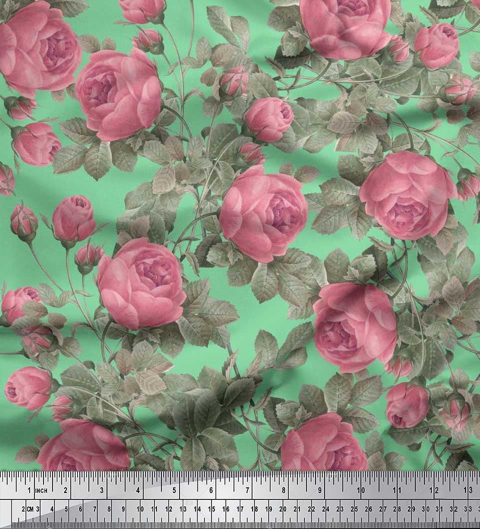 Soimoi Green Cotton Poplin Fabric Leaves & Rose Flower Decor Fabric ...