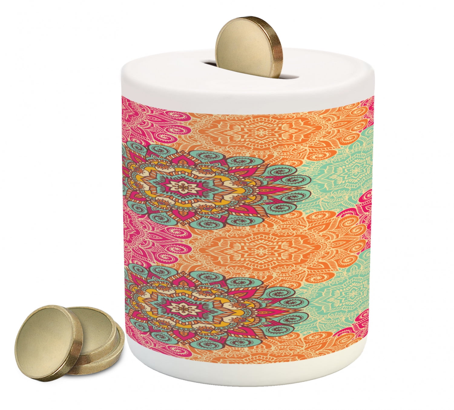 Mandala Piggy Bank, Antique Mandala Patterns Circles in Vintage Colors ...