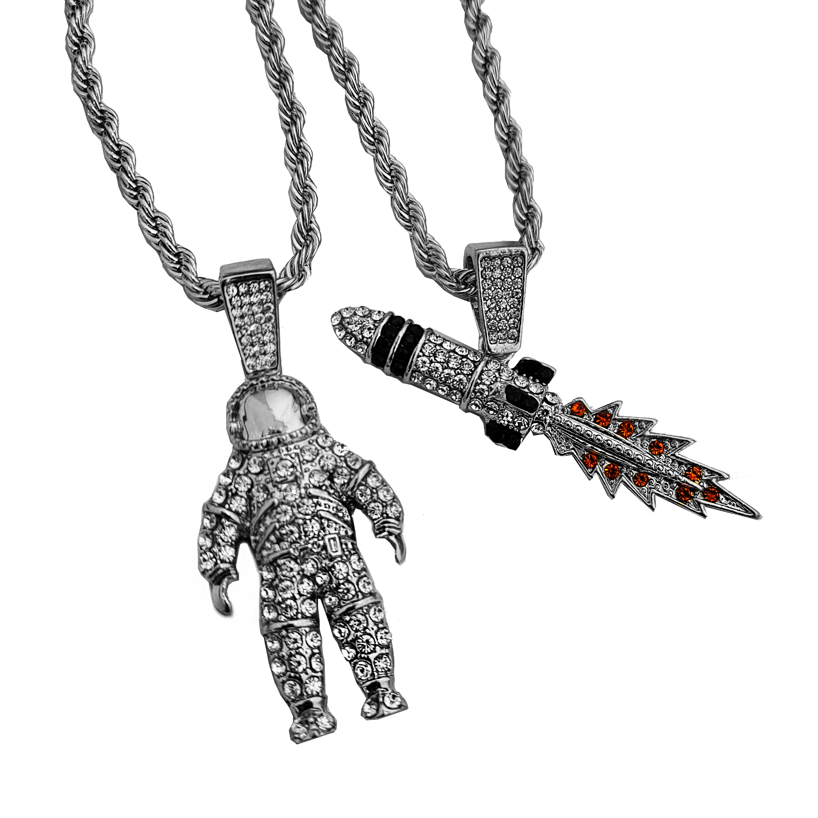 Silver Plated Simulated Diamond Iced Astronaut & Spaceship Rocket ...