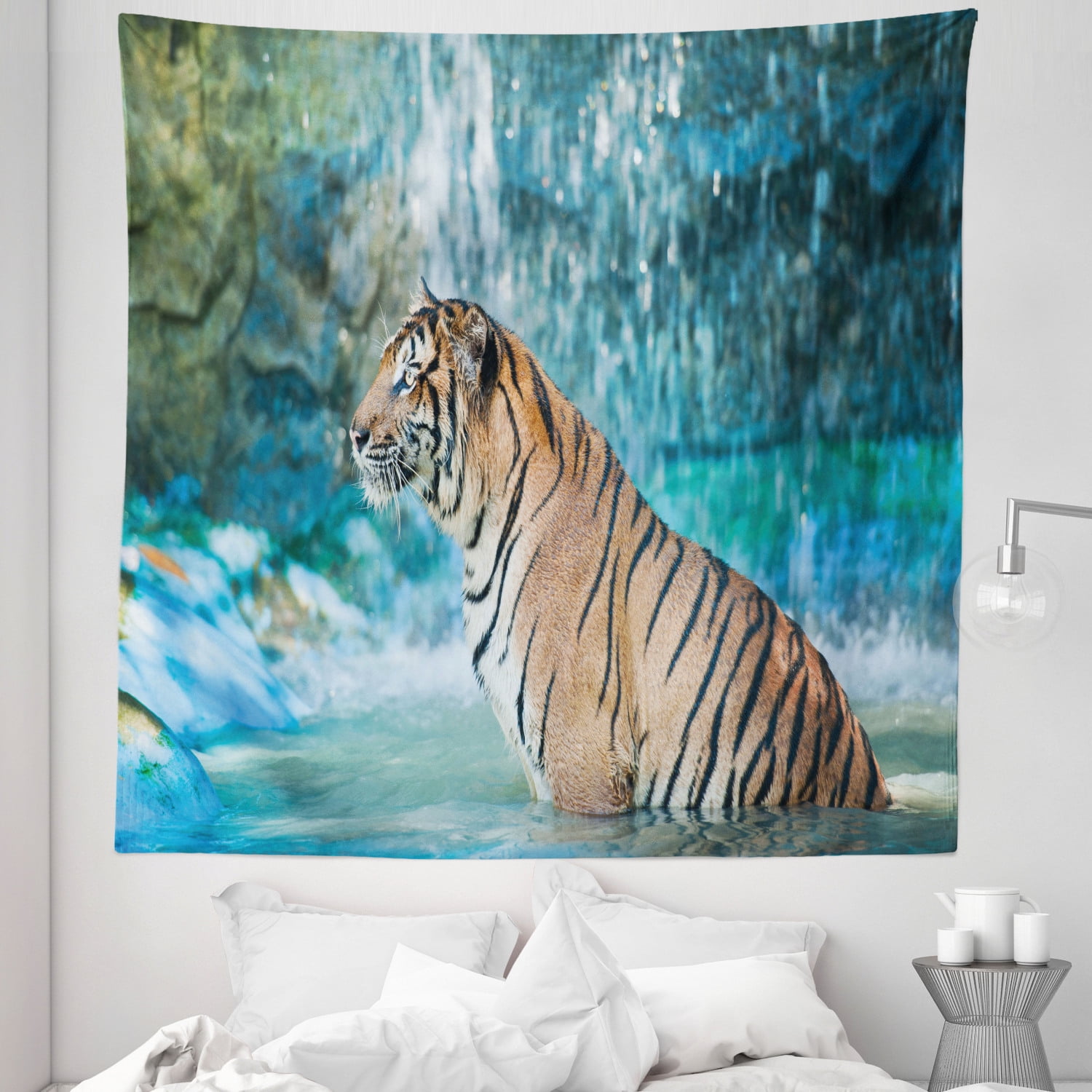 Tiger Tapestry, Feline Beast in Pond Searching for Prey Sumatra ...