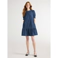 Free Assembly Women's Denim Puff Sleeve Mini Dress with Ruffle Trim, XS ...