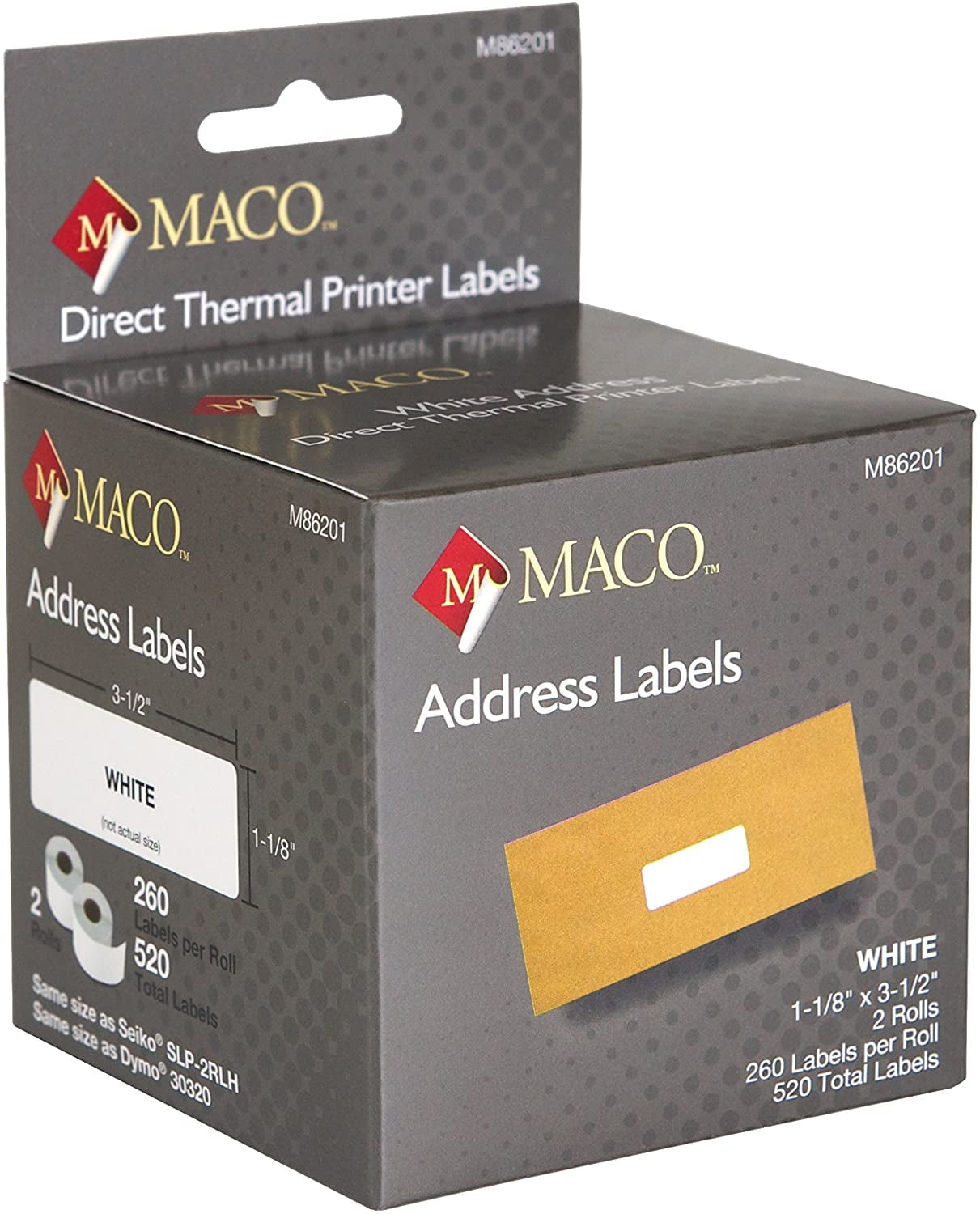 MACO Direct Thermal Printer White Address Labels, 1-1/8 x 3-1/2 Inches ...