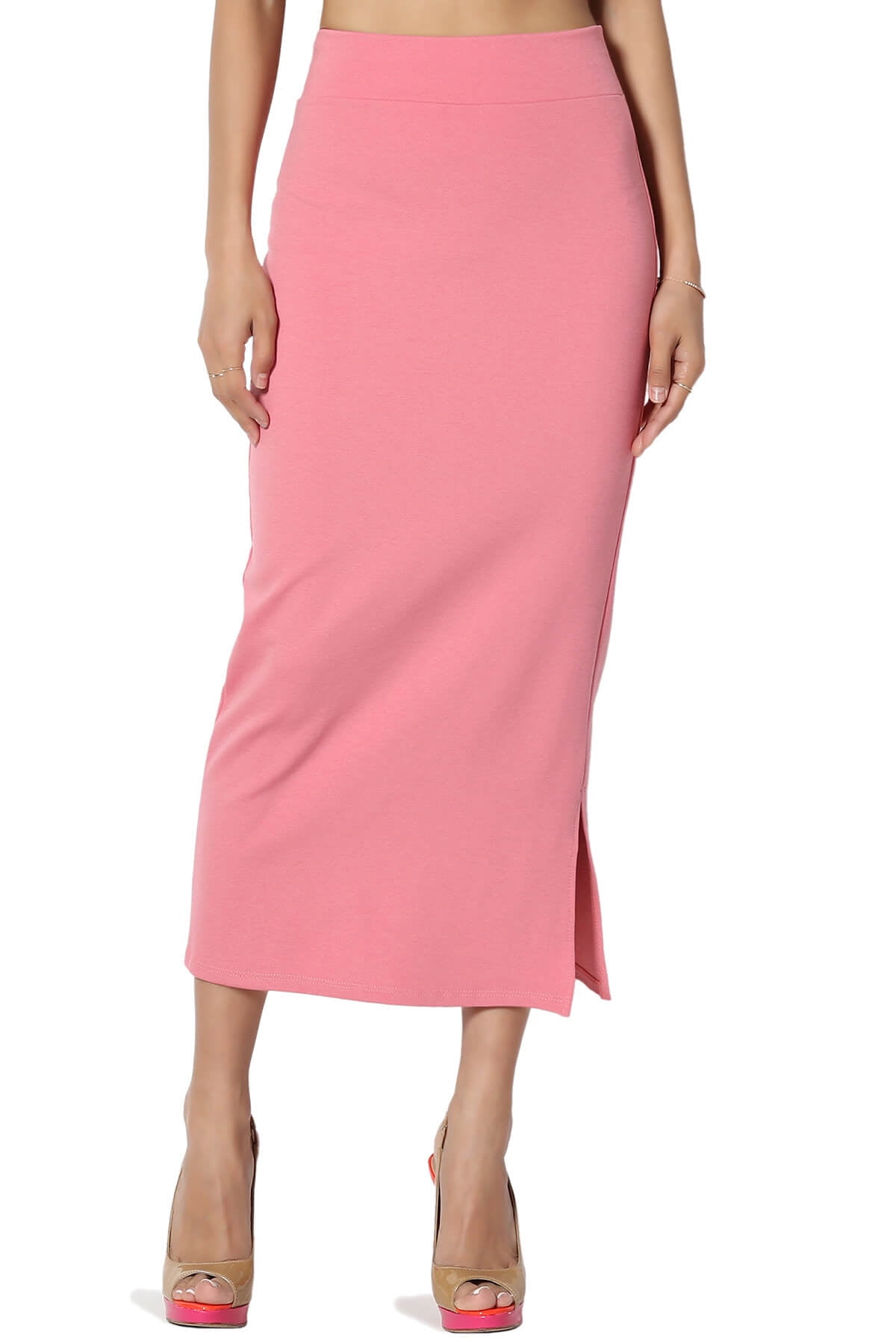 Themogan Womens Plus Side Slit Ponte Knit High Waist Mid Calf Long