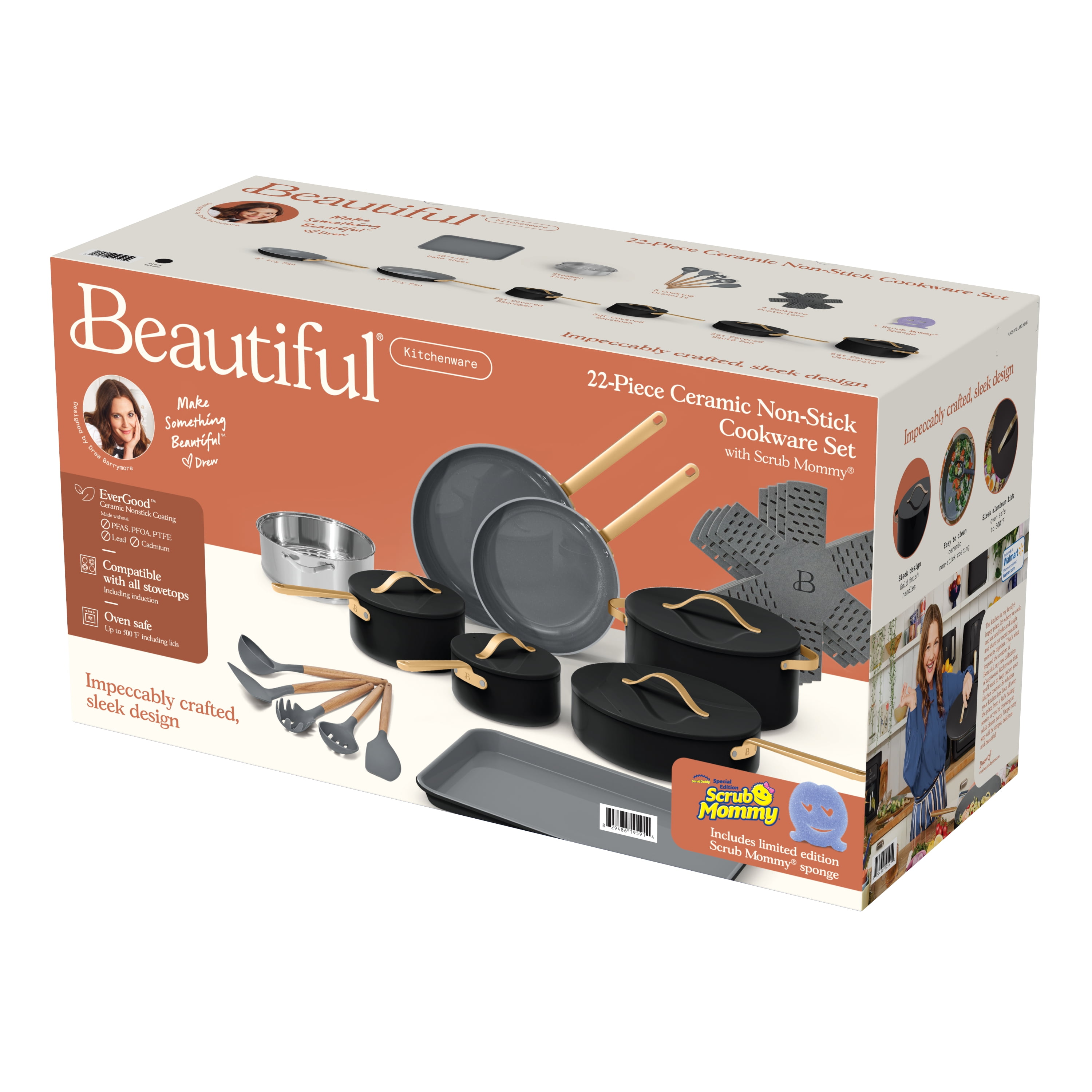 Beautiful 22 Piece Cookware Set, Black Sesame by Drew Barrymore