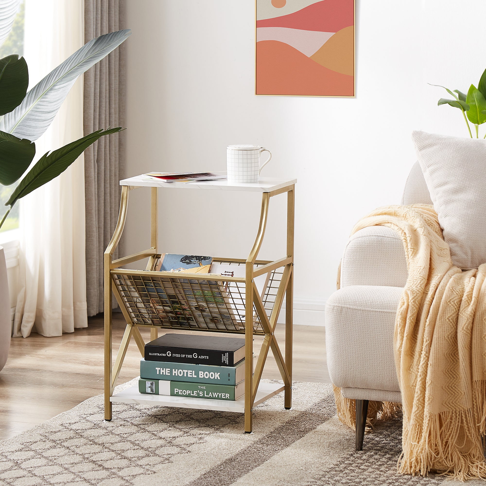 VECELO Modern End Table with Magazine Rack, 3 Tier Storage Shelf Bedside Table Nightstand ...